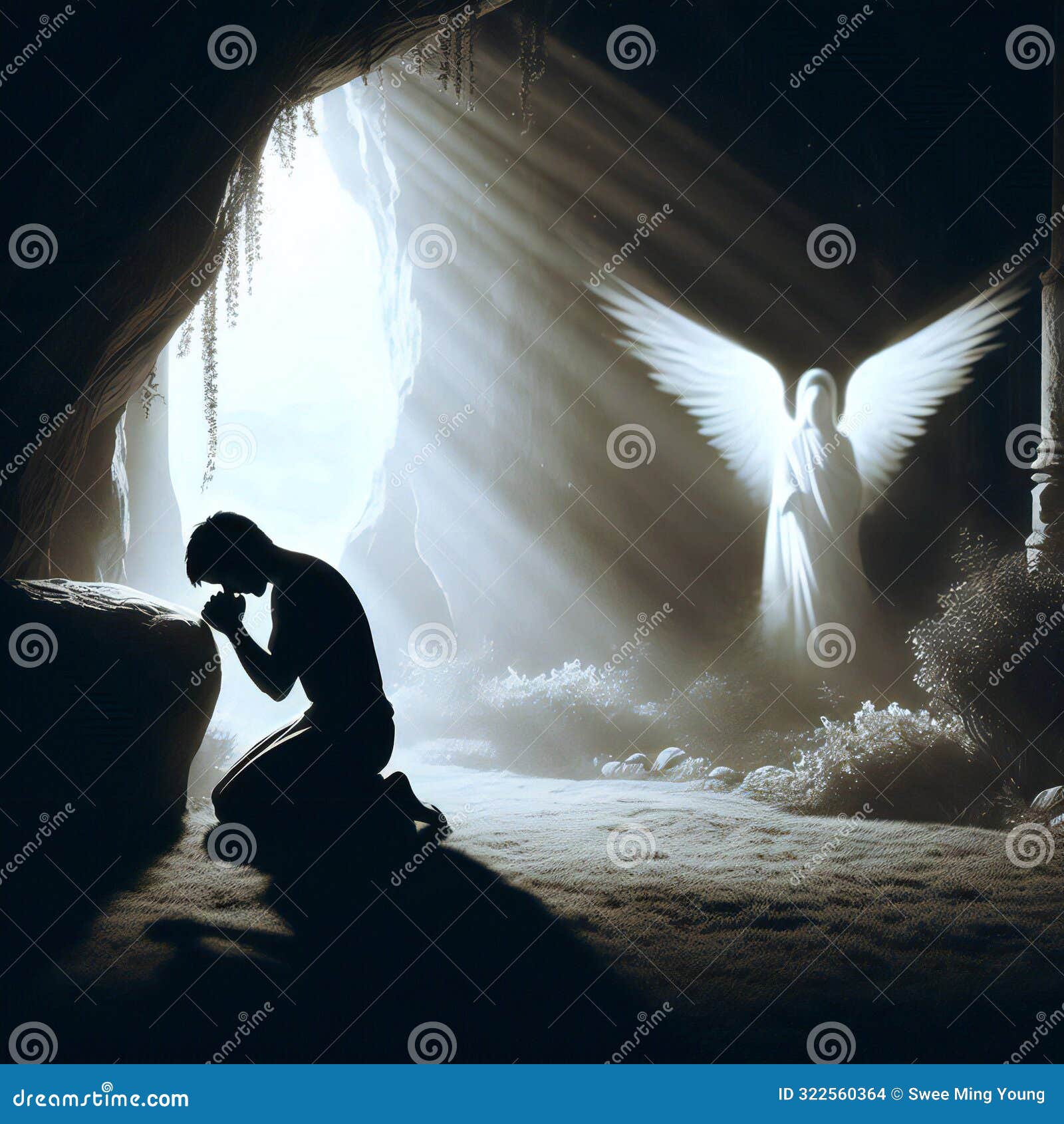 Image of a Shadowy Angel Watching Someone Kneeling in Silhouette by the ...