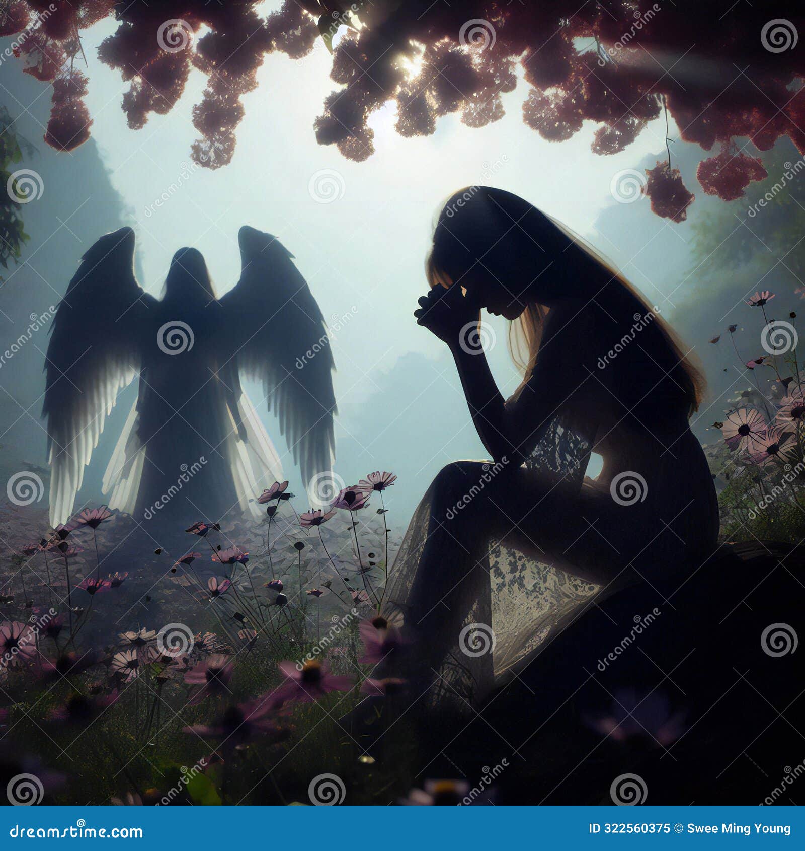 Image of a Shadowy Angel Watching Someone Kneeling in Silhouette by the ...