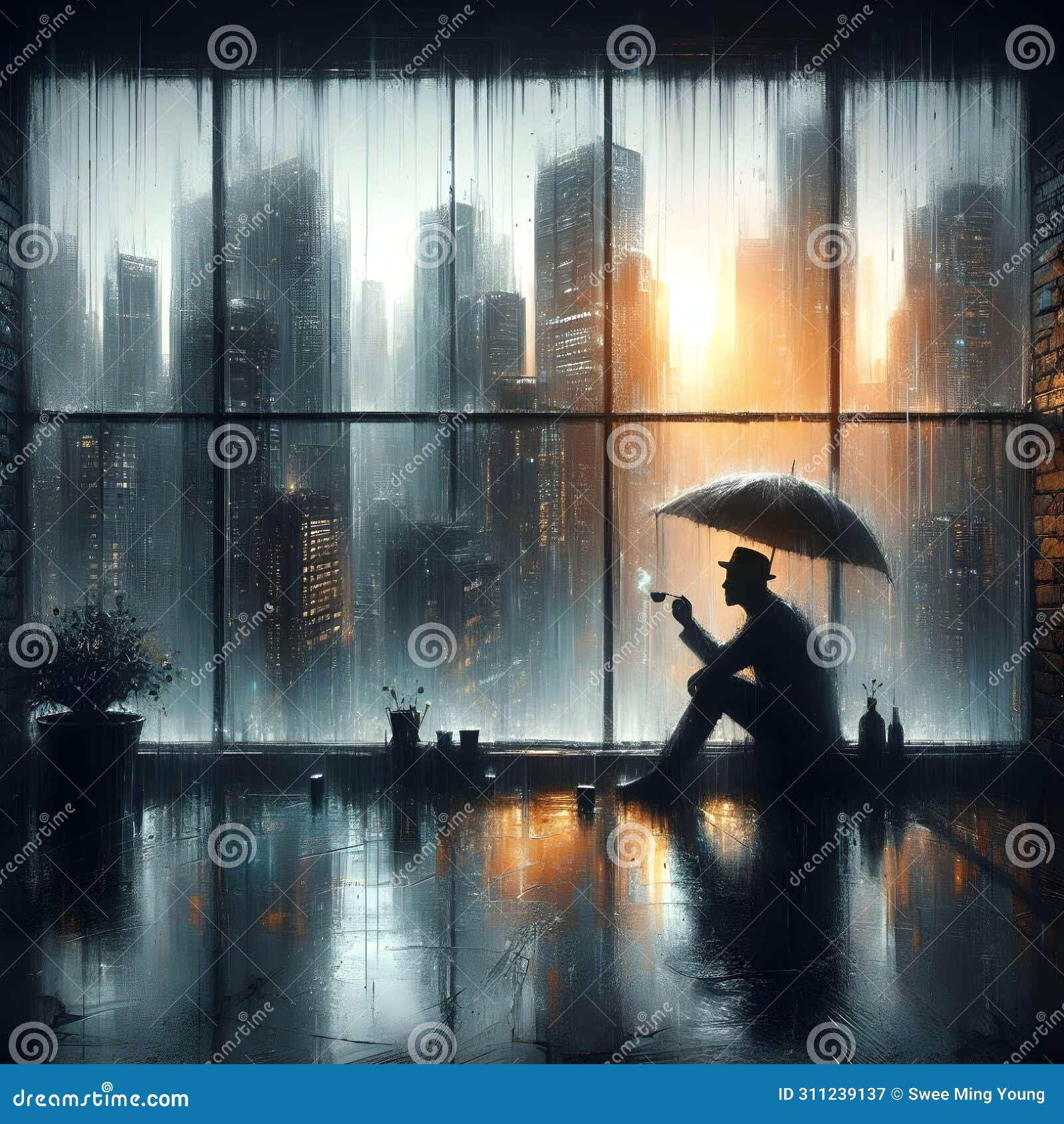 Image of Shadowy Figure Looking Out a Rainy Urban Day Behind the Window ...