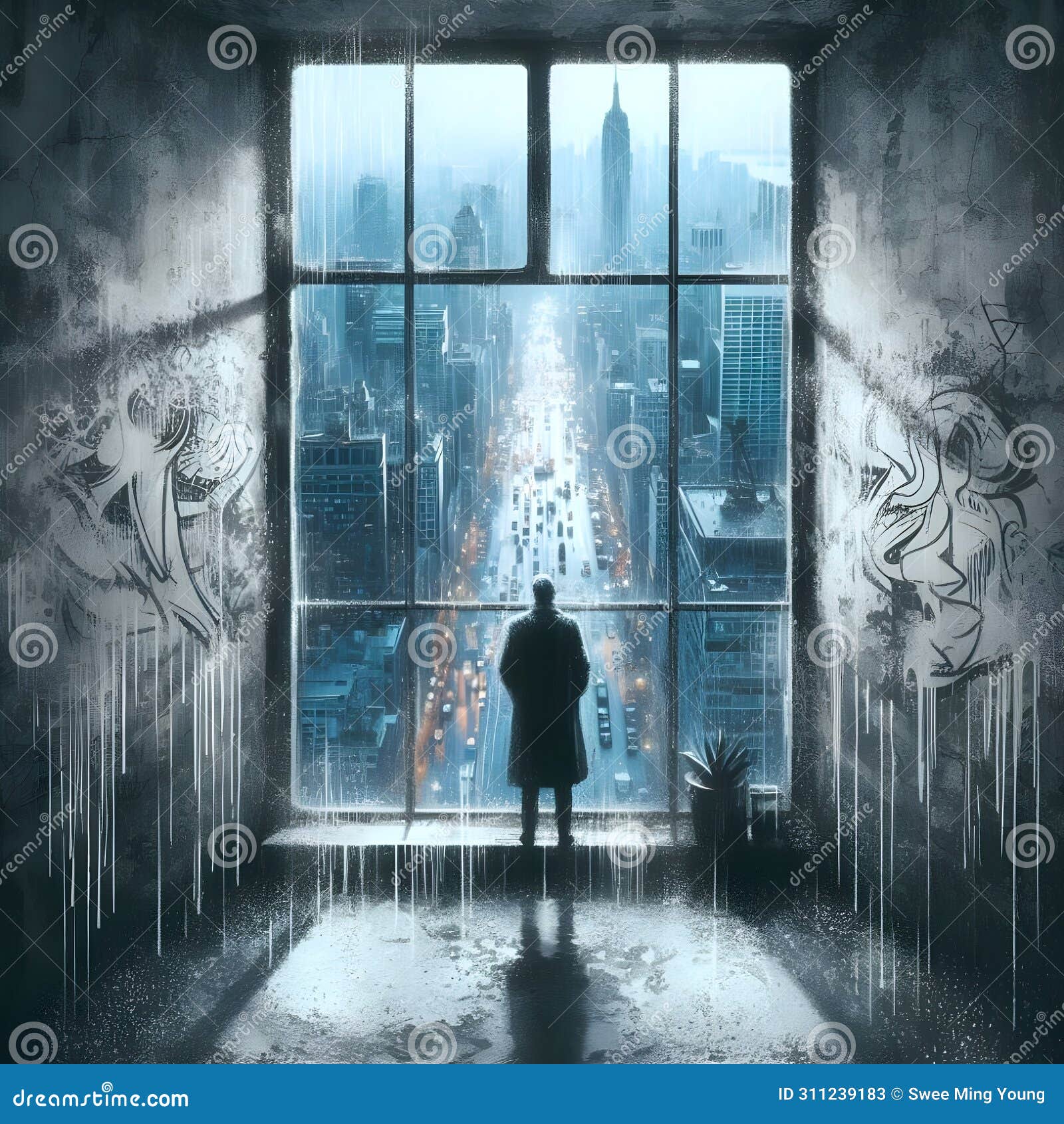 Image of Shadowy Figure Looking Out a Rainy Urban Day Behind the Window ...