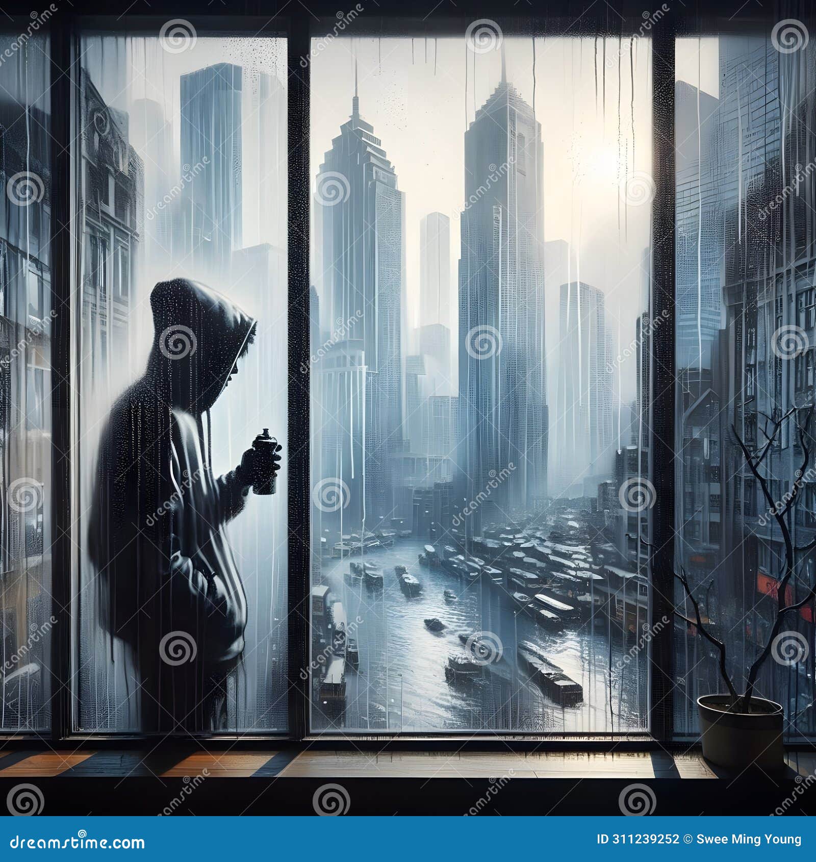 Image of Shadowy Figure Looking Out a Rainy Urban Day Behind the Window ...