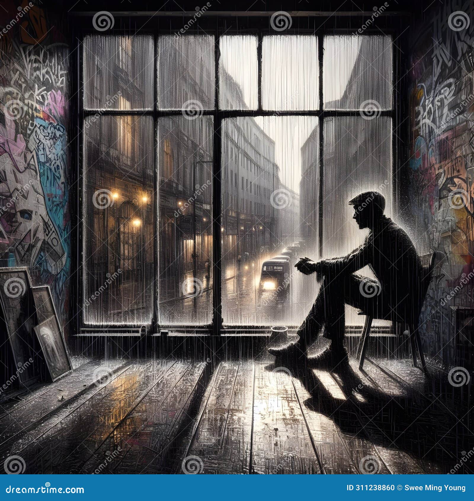 Image of Shadowy Figure Looking Out a Rainy Urban Day Behind the Window ...