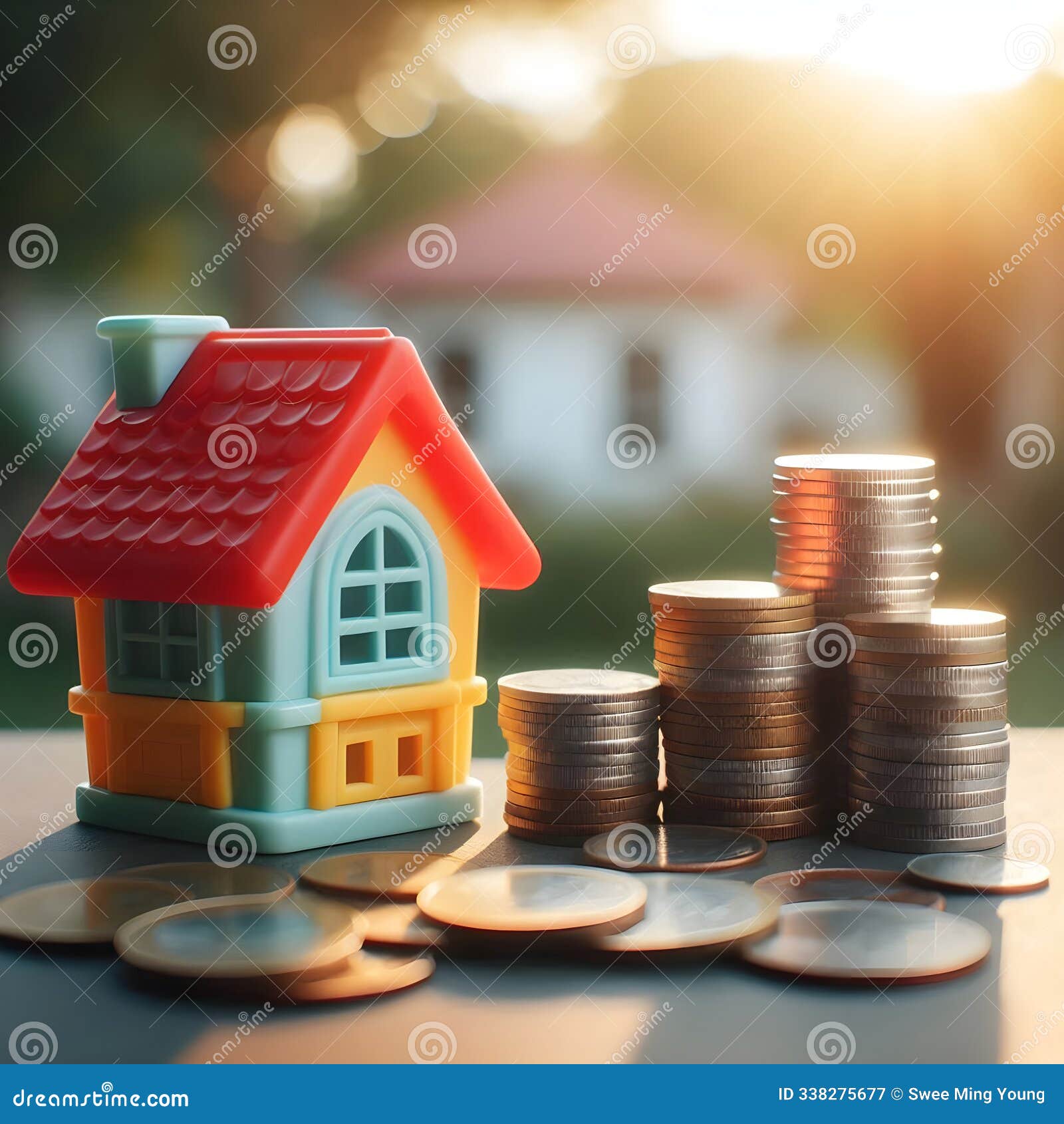 A Small Colorful Plastic Toy House with a Red Roof Sits on the Table ...