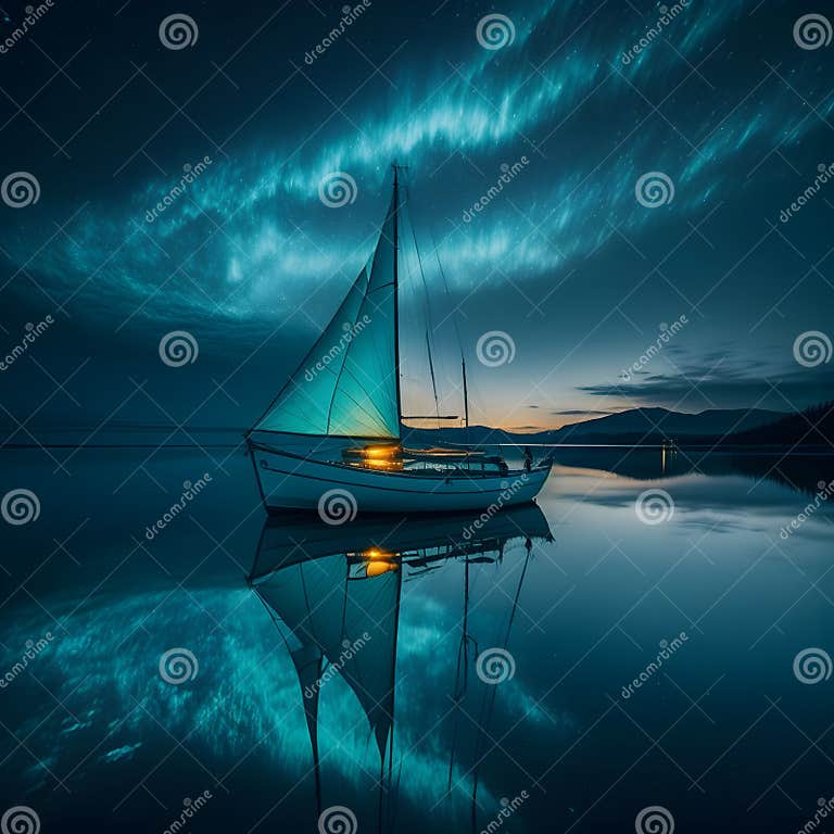 Image Of A Small Sailboat In The Distance Night Calm Sea Where The Reflection Of The Colorful