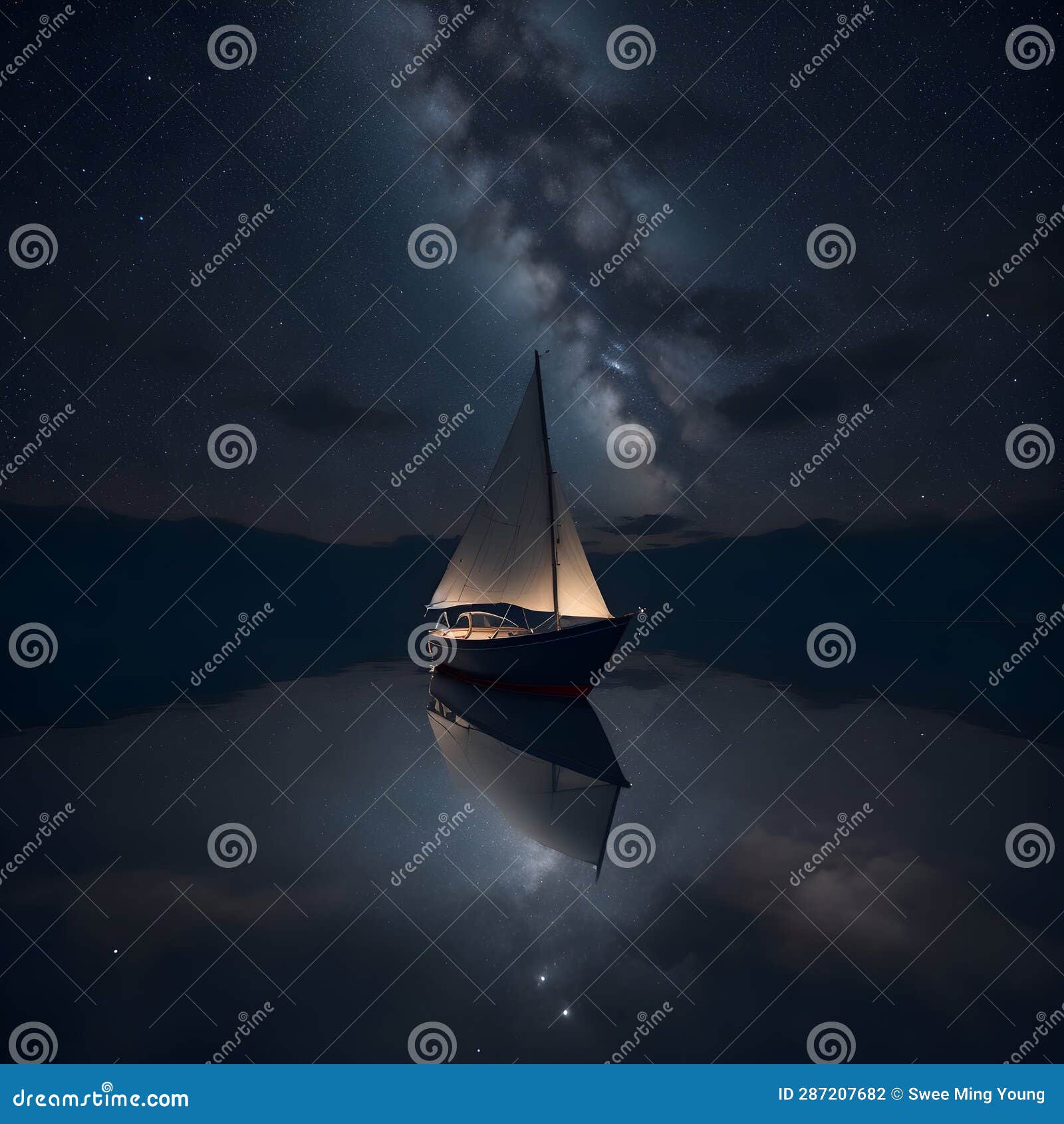 Image of a Small Sailboat in the Distance Night Calm Sea Where the ...