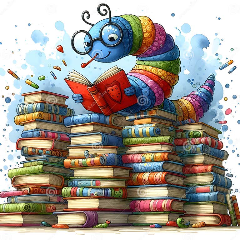 Image of a Stack of Random Colorful Books with Patchwork Bookworm on it ...