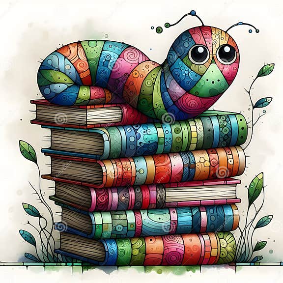Image of a Stack of Random Colorful Books with Patchwork Bookworm on it ...