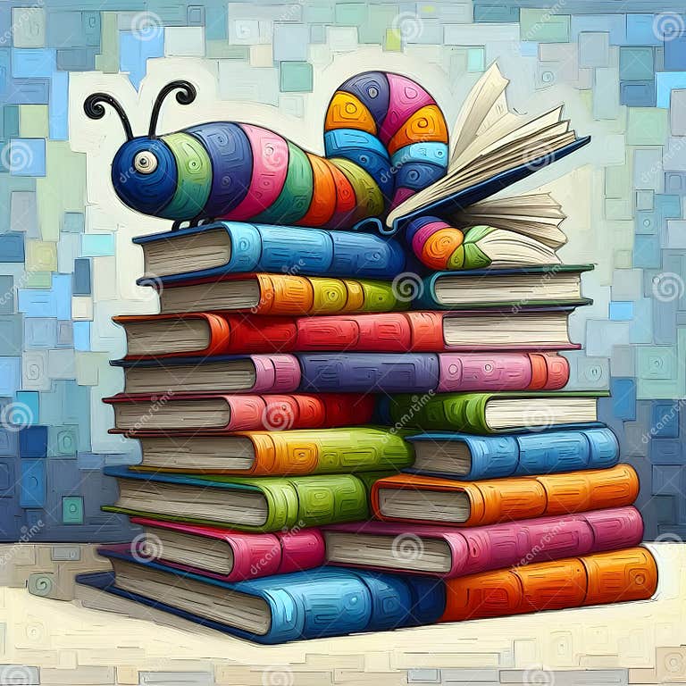 Image of a Stack of Random Colorful Books with Patchwork Bookworm on it ...