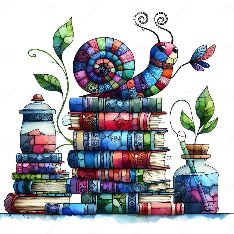Image of a Stack of Random Colorful Books with Patchwork Bookworm on it ...
