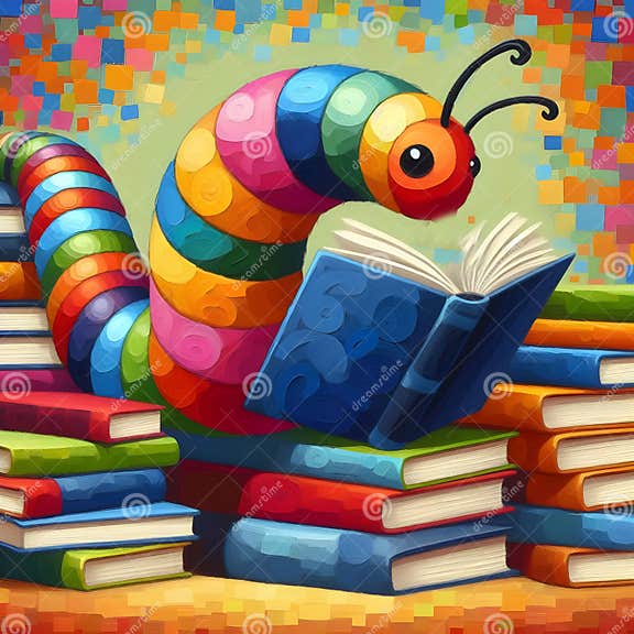 Image of a Stack of Random Colorful Books with Patchwork Bookworm on it ...