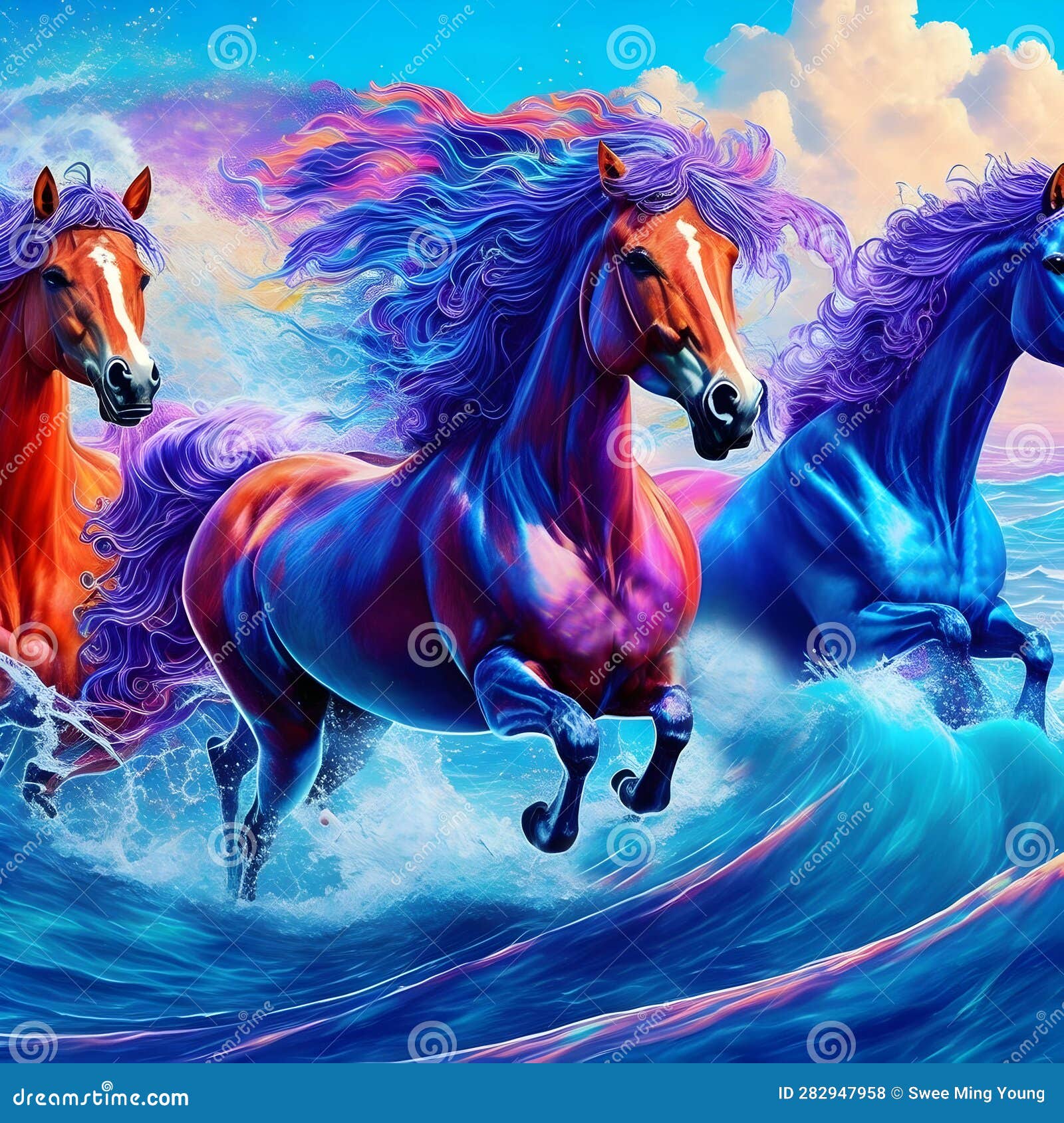 A Stunning Scene of Sea Foam Horses Galloping through the Shimmering ...