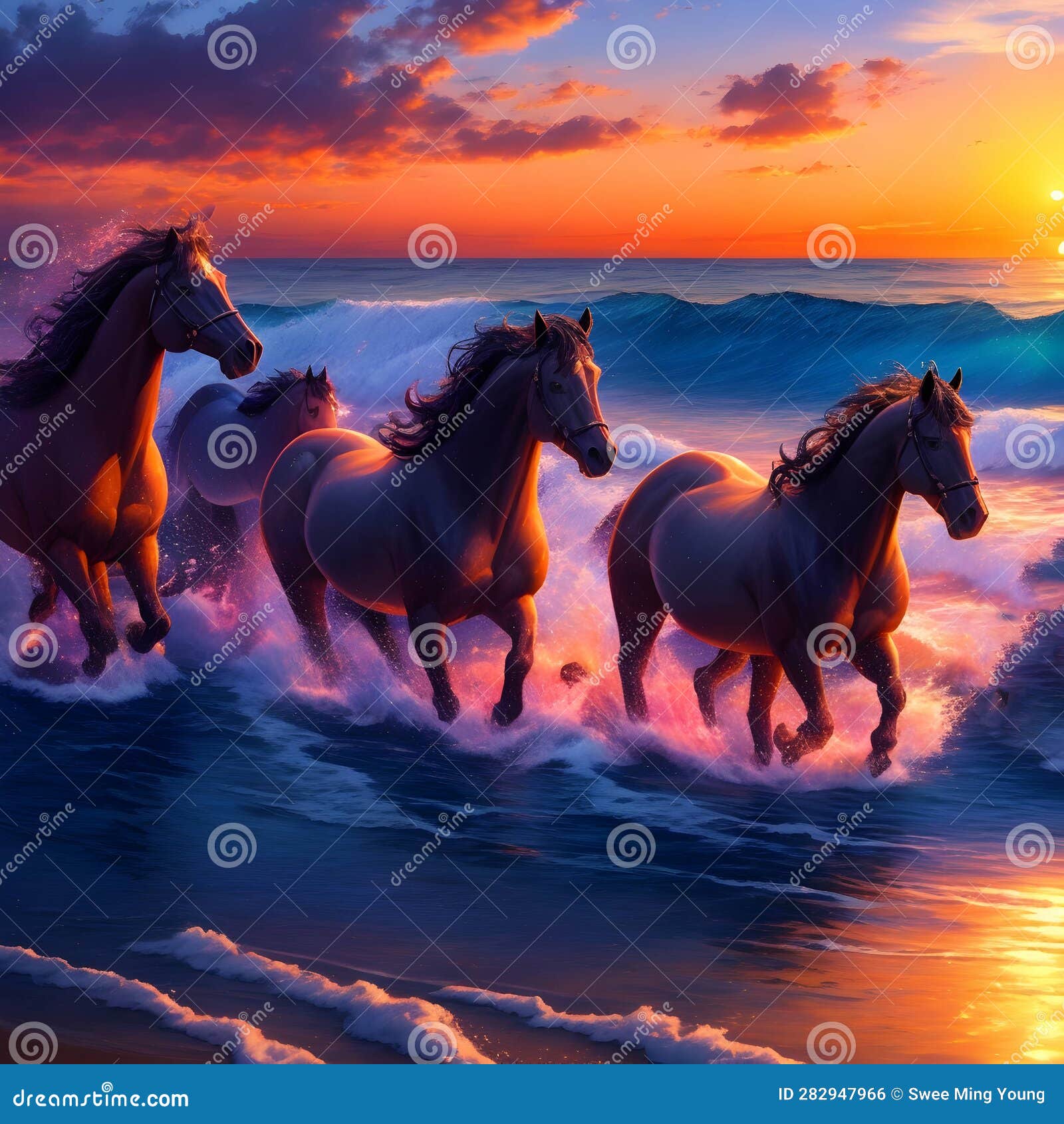 A Stunning Scene of Sea Foam Horses Galloping through the Shimmering ...