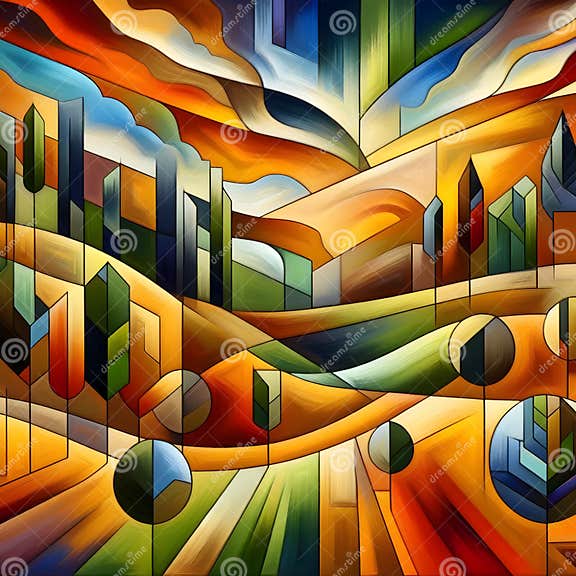 Surreal Cubist Hilly Fall Landscape with Patchwork Trees that Overlap ...