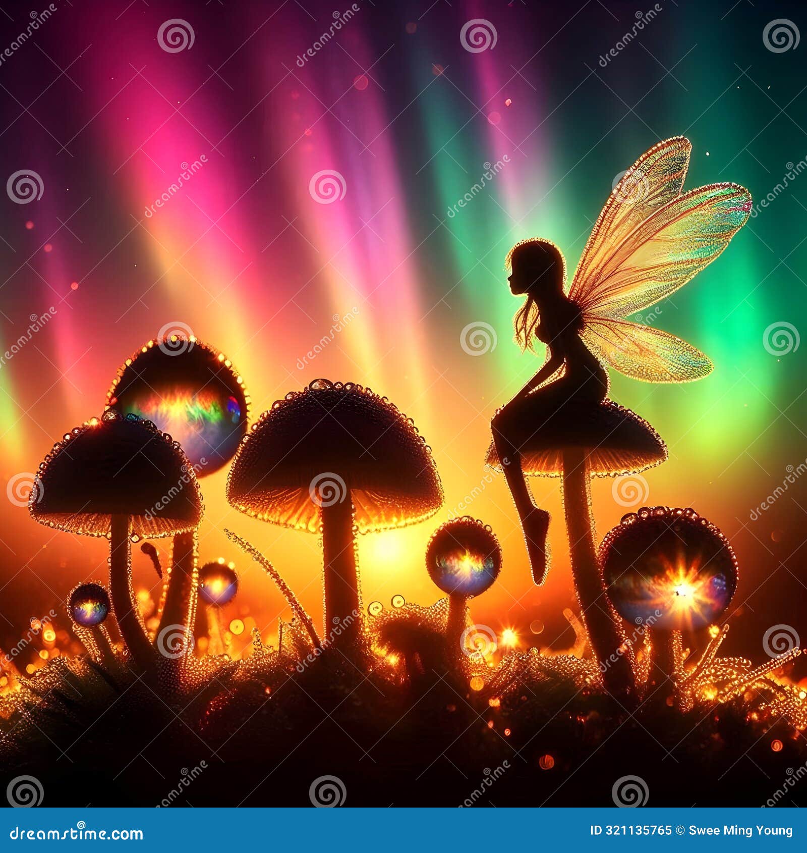 Image of a Tiny Fairy in Silhouette Sitting on a Mushroom with Dew ...