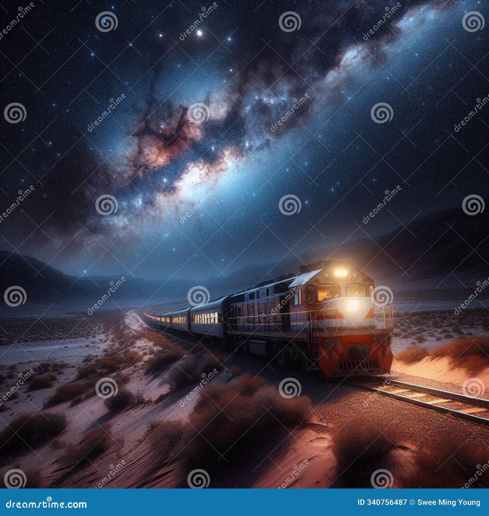 A Train Traversing A Desert Landscape Under A Starry Night Sky,with The ...