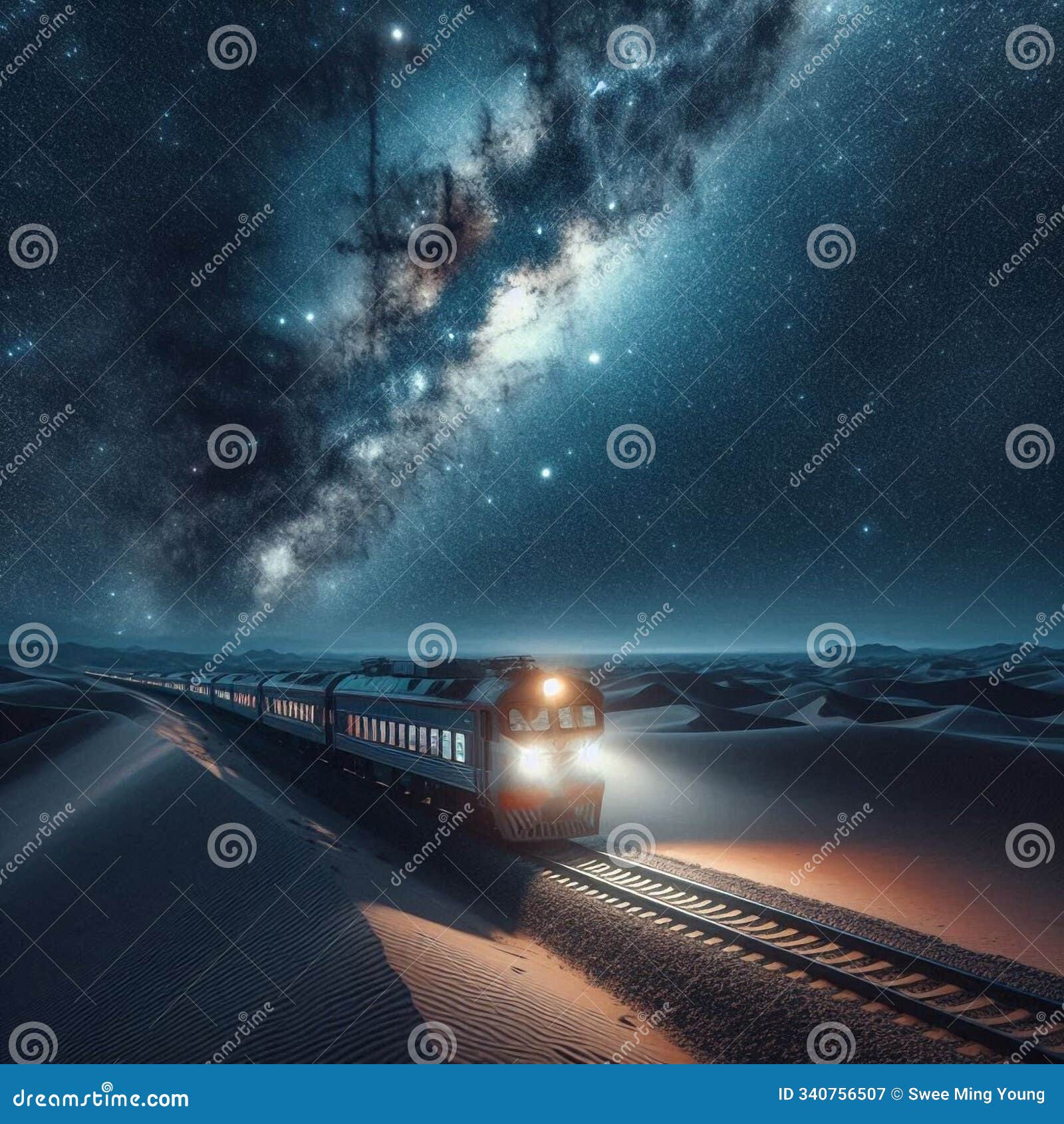 A Train Traversing A Desert Landscape Under A Starry Night Sky,with The ...