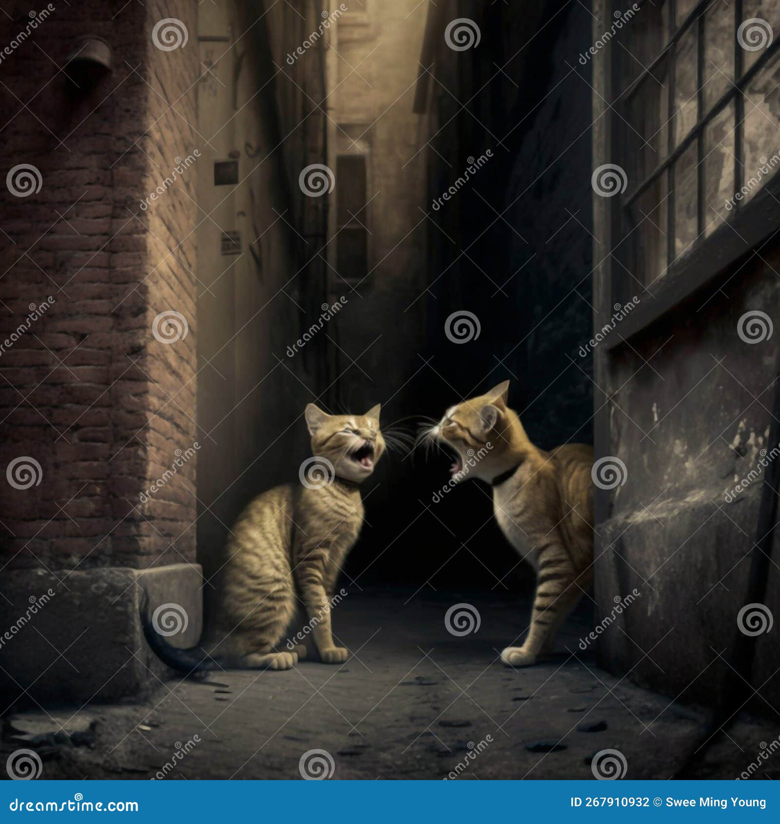 Two Stray Cat Quarreling at the Dark Alley Street. Stock Illustration ...