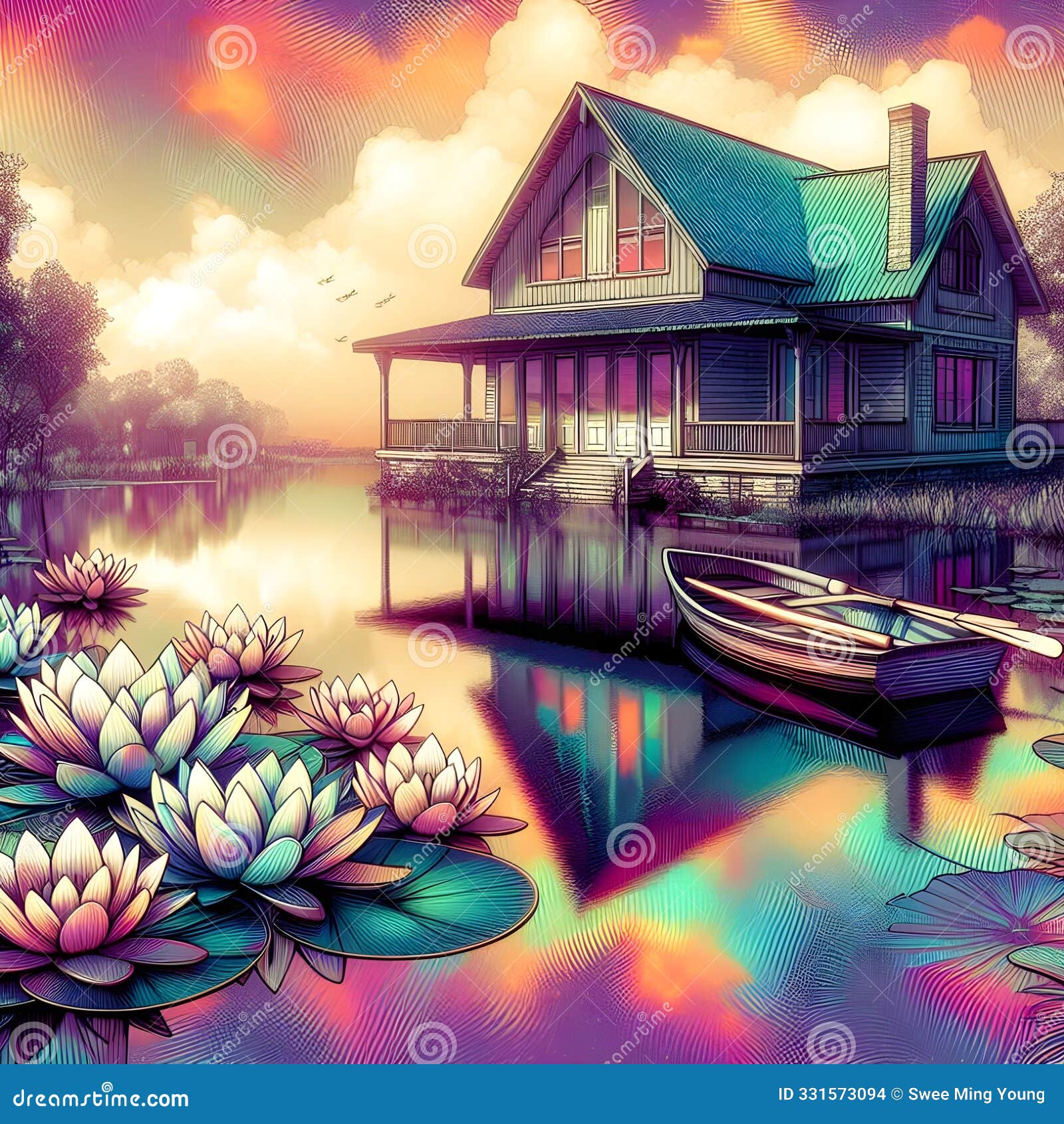 An Ultra Vibrant Realistic 3d Render of a Lakehouse with a Reflective ...