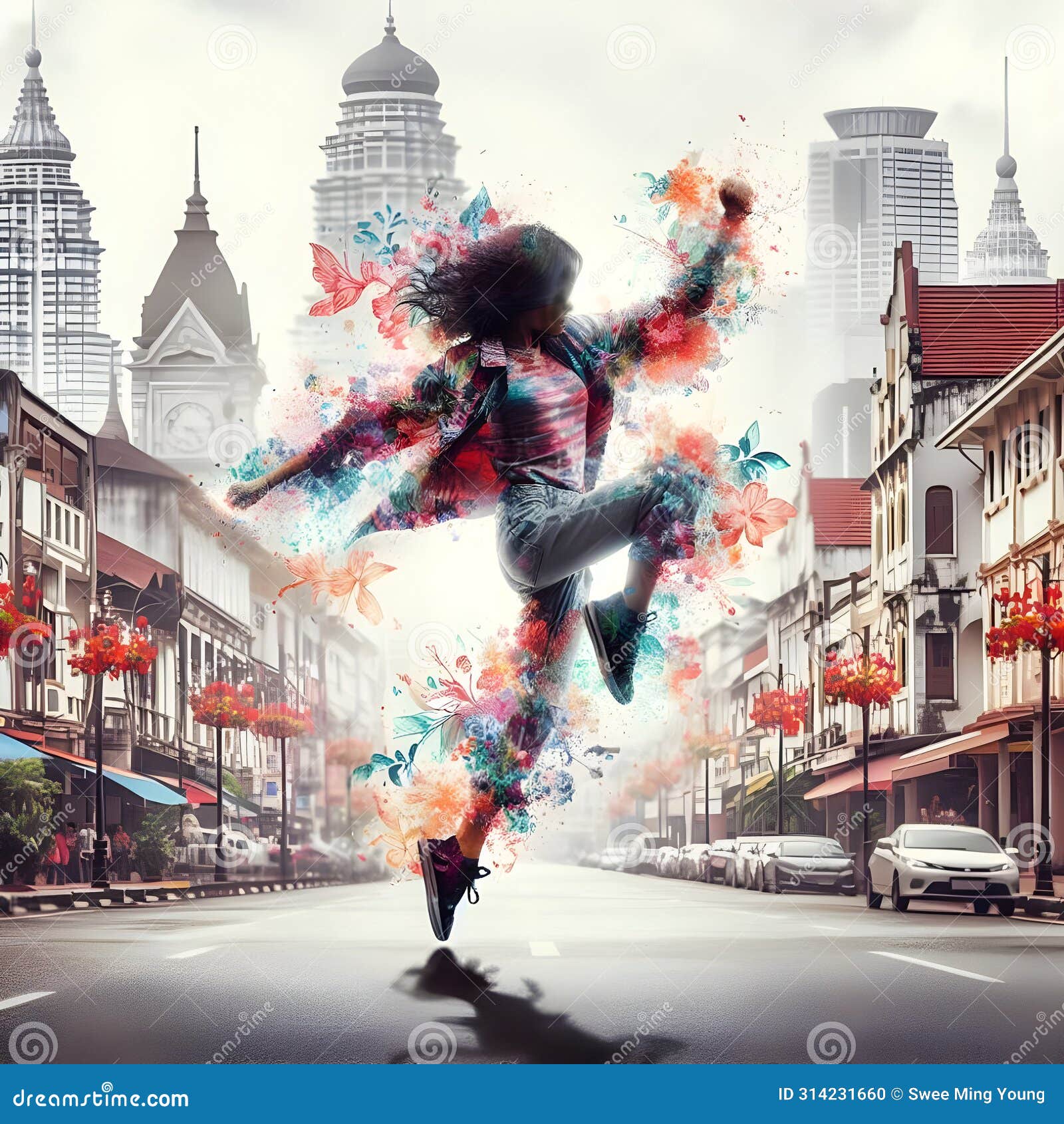 Image of a Woman Dancing on a Solid City Street Background with a ...