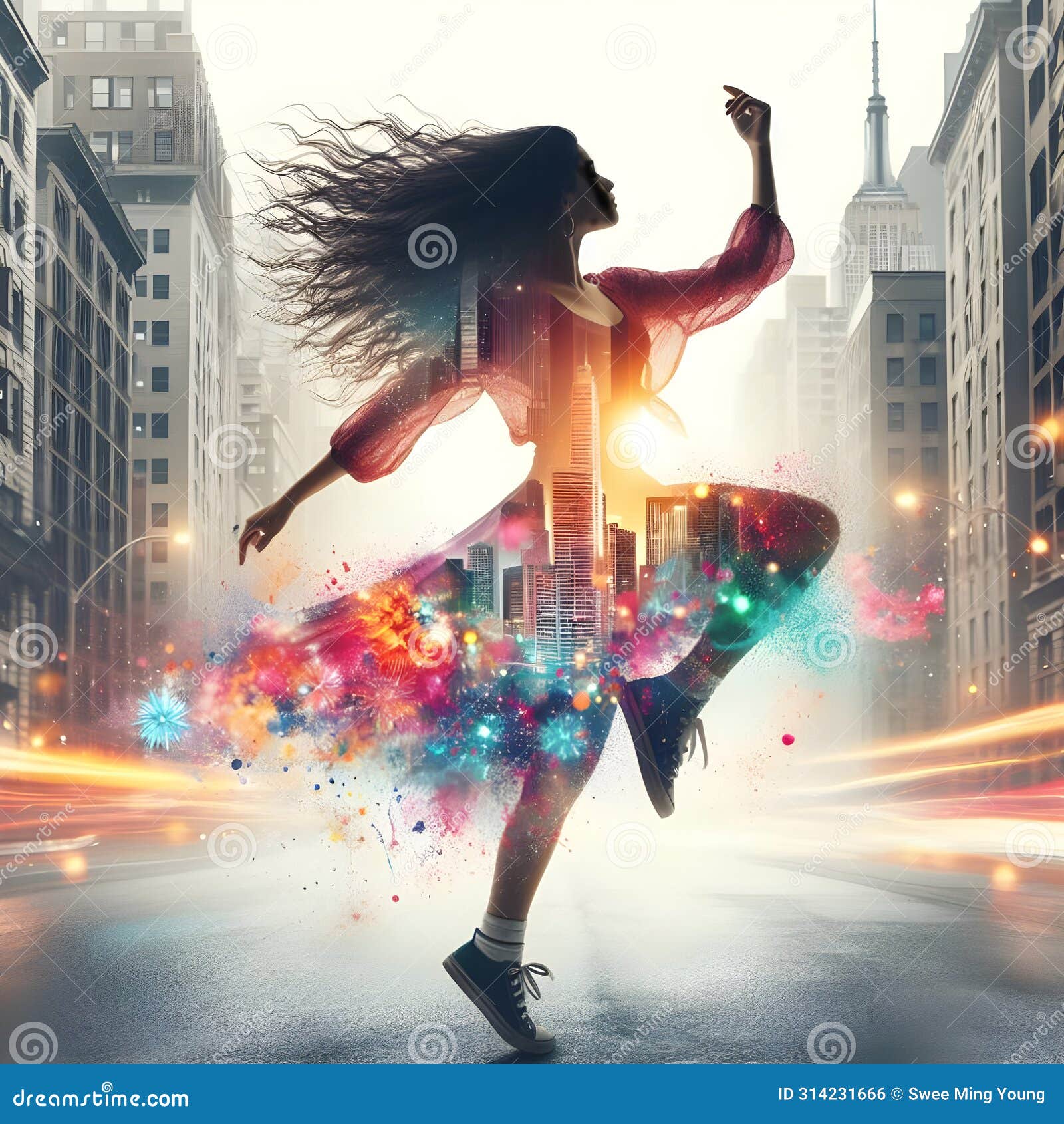 Image of a Woman Dancing on a Solid City Street Background with a ...