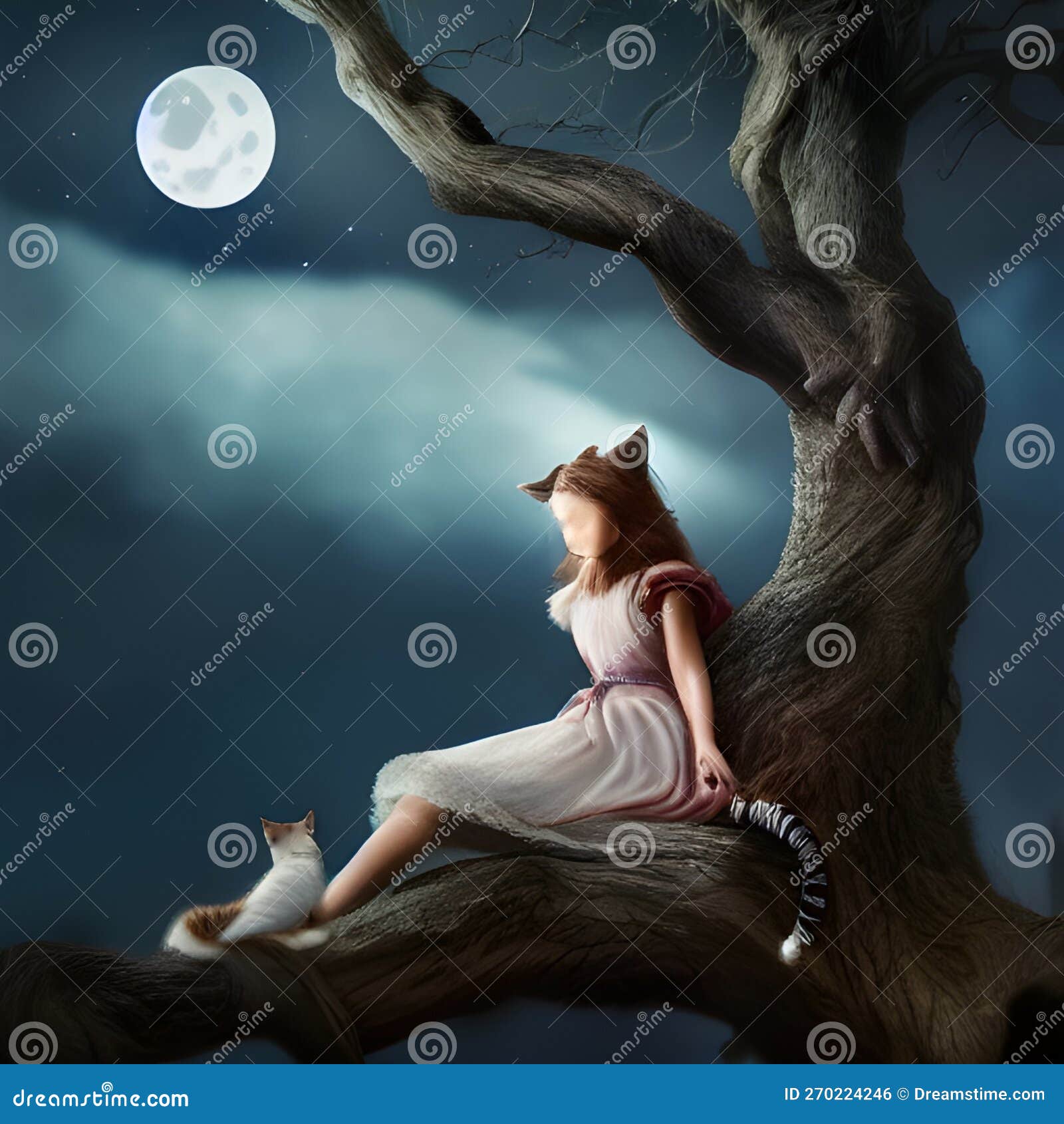 Image of a Young Girl and Her Beloved Cat Resting on Top of Gnarled ...