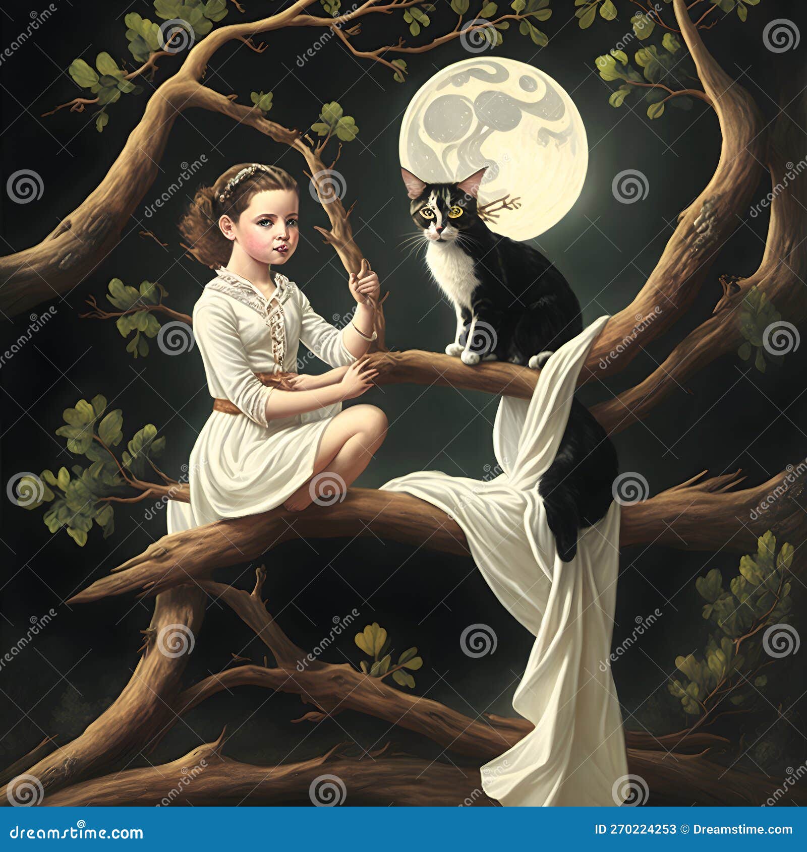 Image of a Young Girl and Her Beloved Cat Resting on Top of Gnarled ...