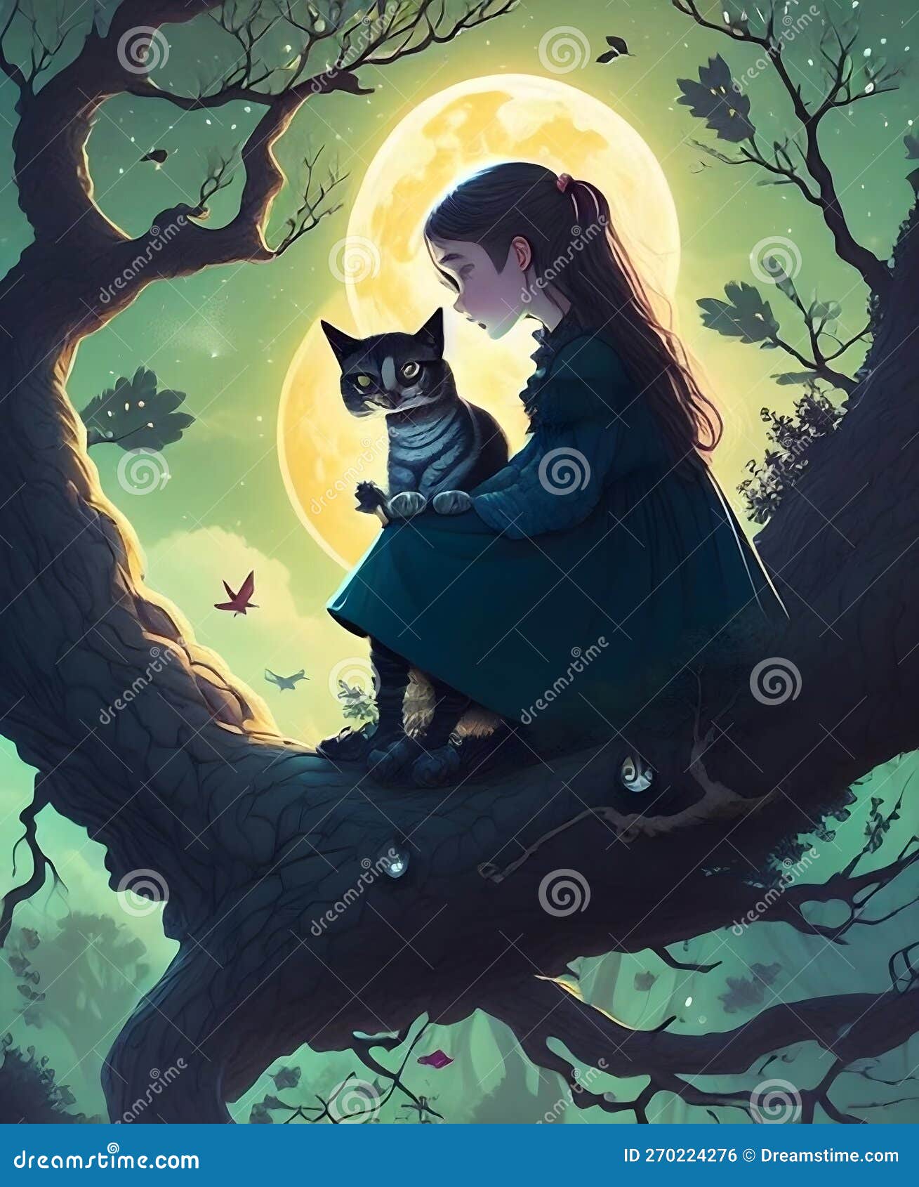 Image of a Young Girl and Her Beloved Cat Resting on Top of Gnarled ...