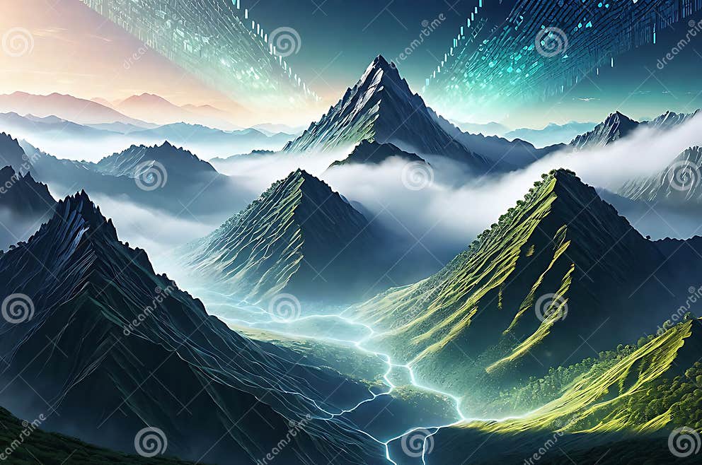 Artificial Intelligence-Generated Landscape: Vast Mountains Shrouded in Mist, Binary Code Sky ...