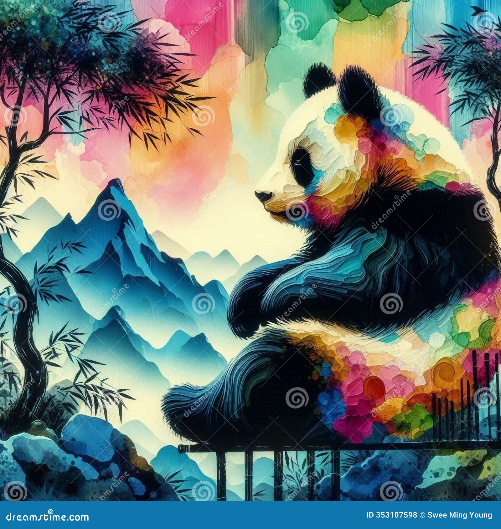 A Sitting Panda with Mountains and Bamboo Tree in Colorful Environment ...