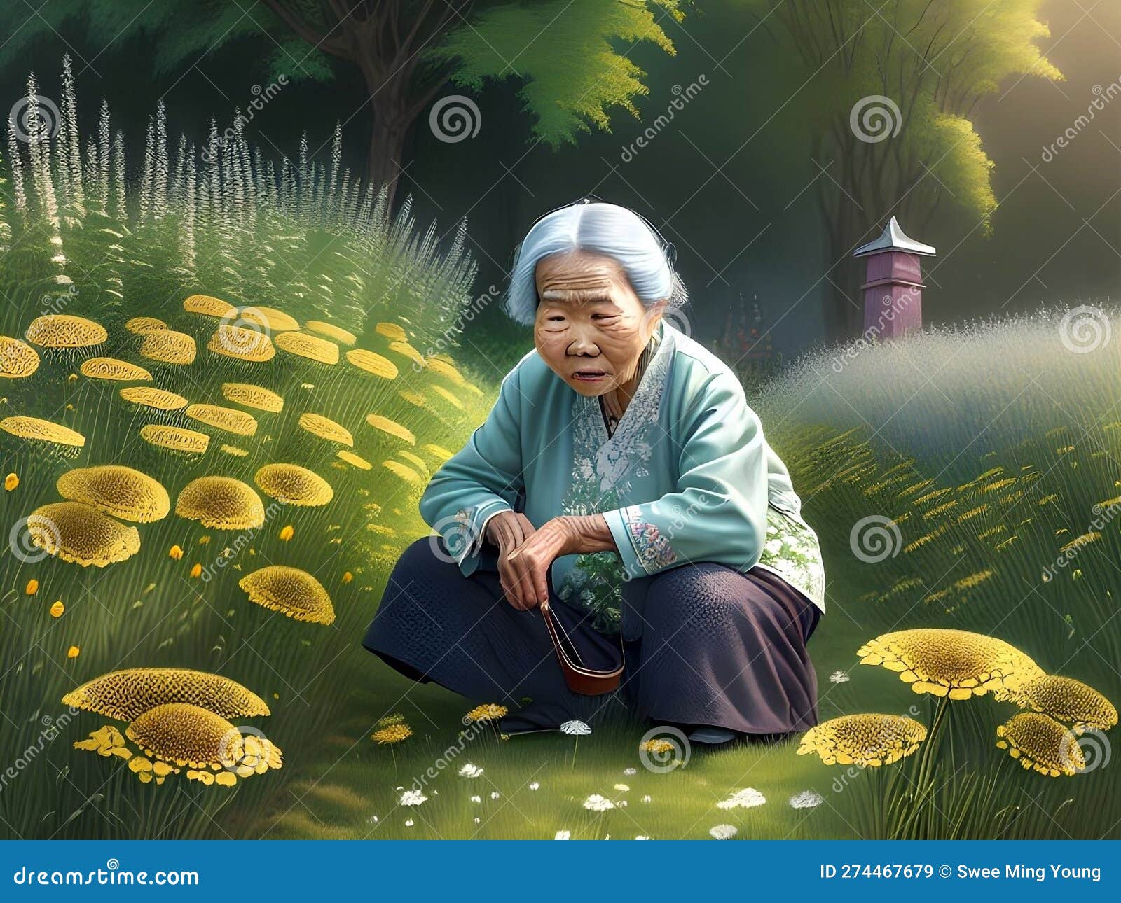 Image of Someone Kneeling by a Grave in an Overgrown Garden Mourning ...