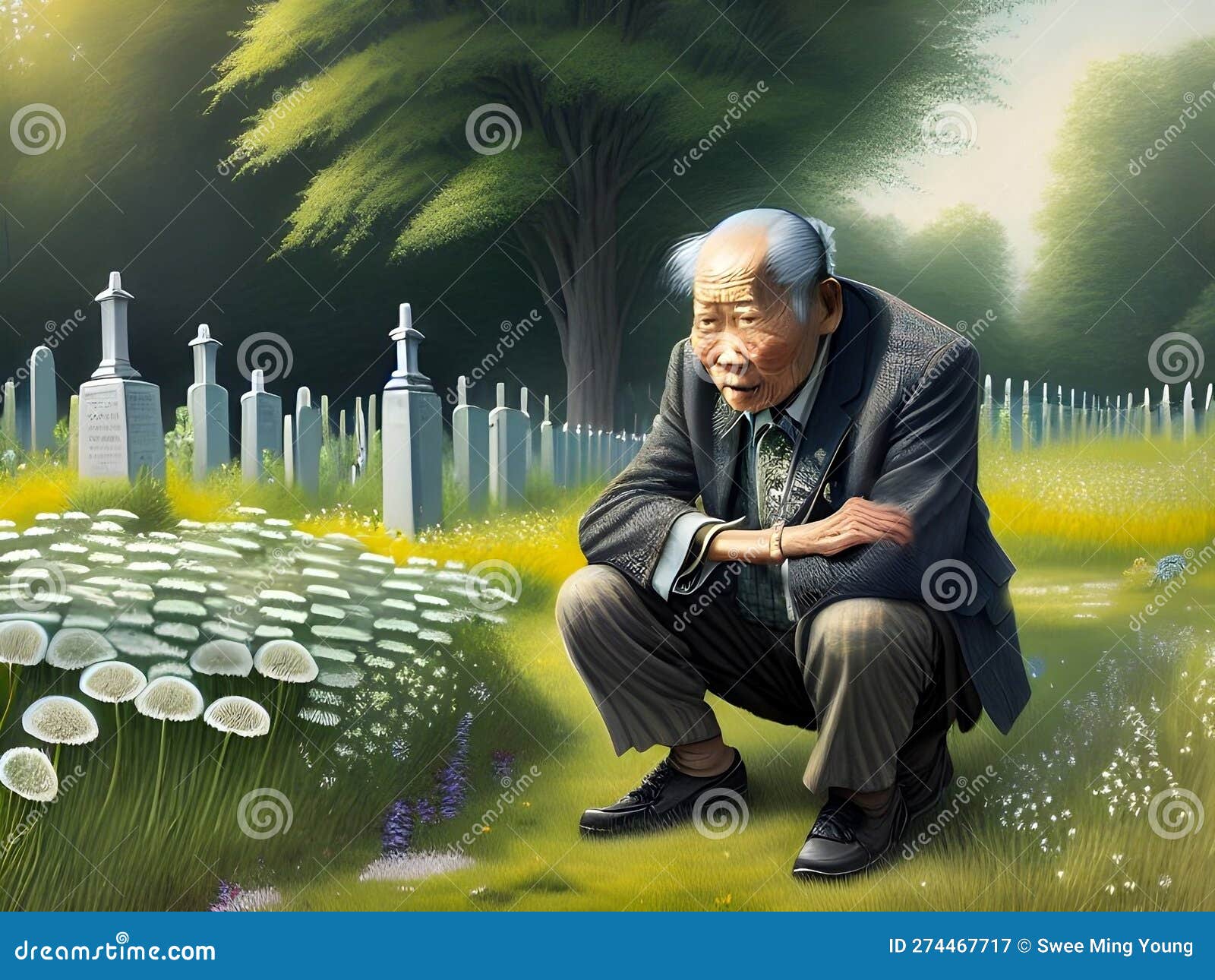 Image of Someone Kneeling by a Grave in an Overgrown Garden Mourning ...