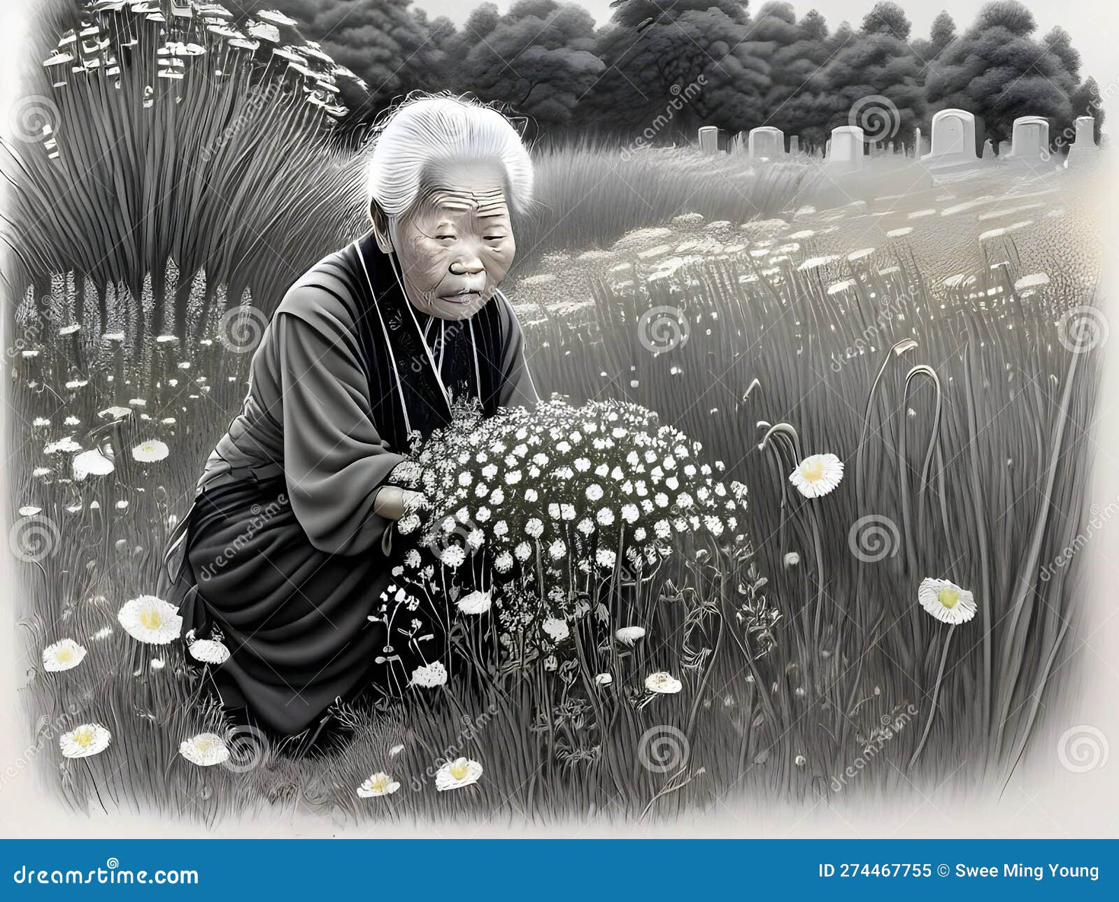 Image of Someone Kneeling by a Grave in an Overgrown Garden Mourning ...