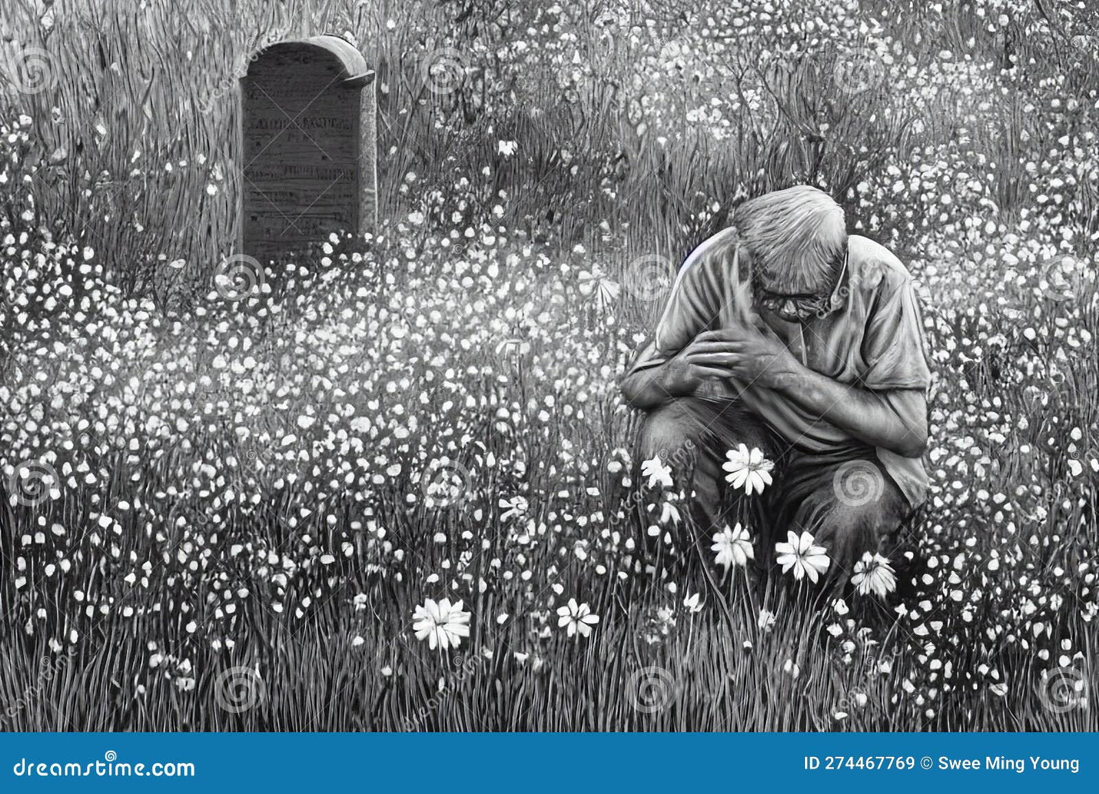 Image of Someone Kneeling by a Grave in an Overgrown Garden Mourning ...