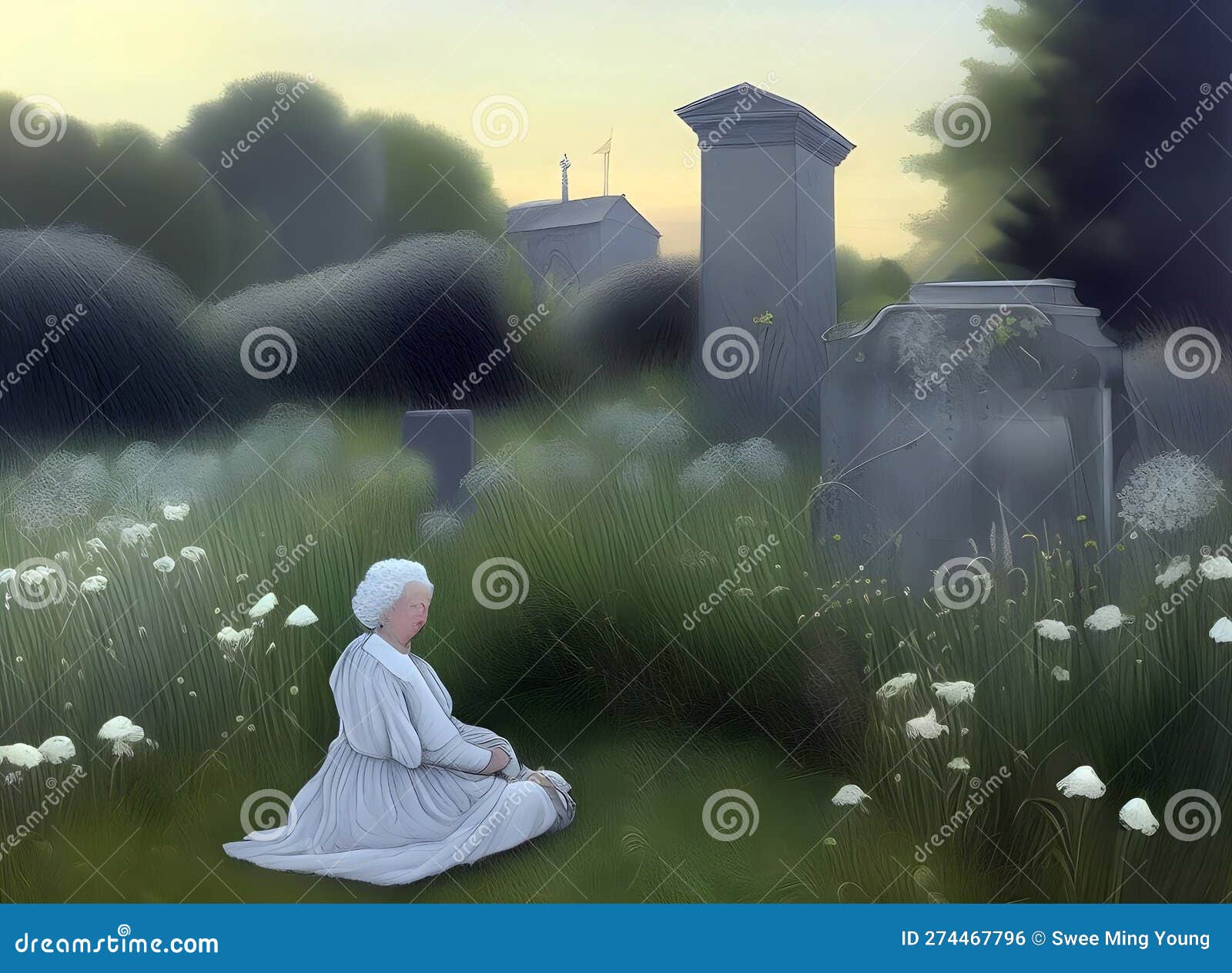 Image of Someone Kneeling by a Grave in an Overgrown Garden Mourning ...