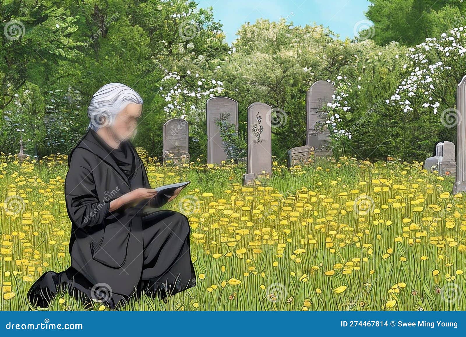 Image of Someone Kneeling by a Grave in an Overgrown Garden Mourning ...