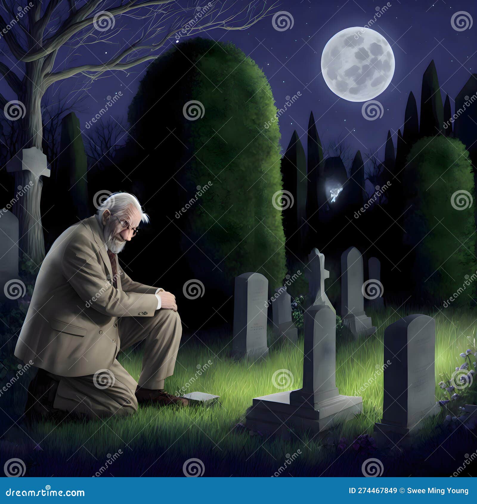 Image of Someone Kneeling by a Grave in an Overgrown Garden Mourning ...