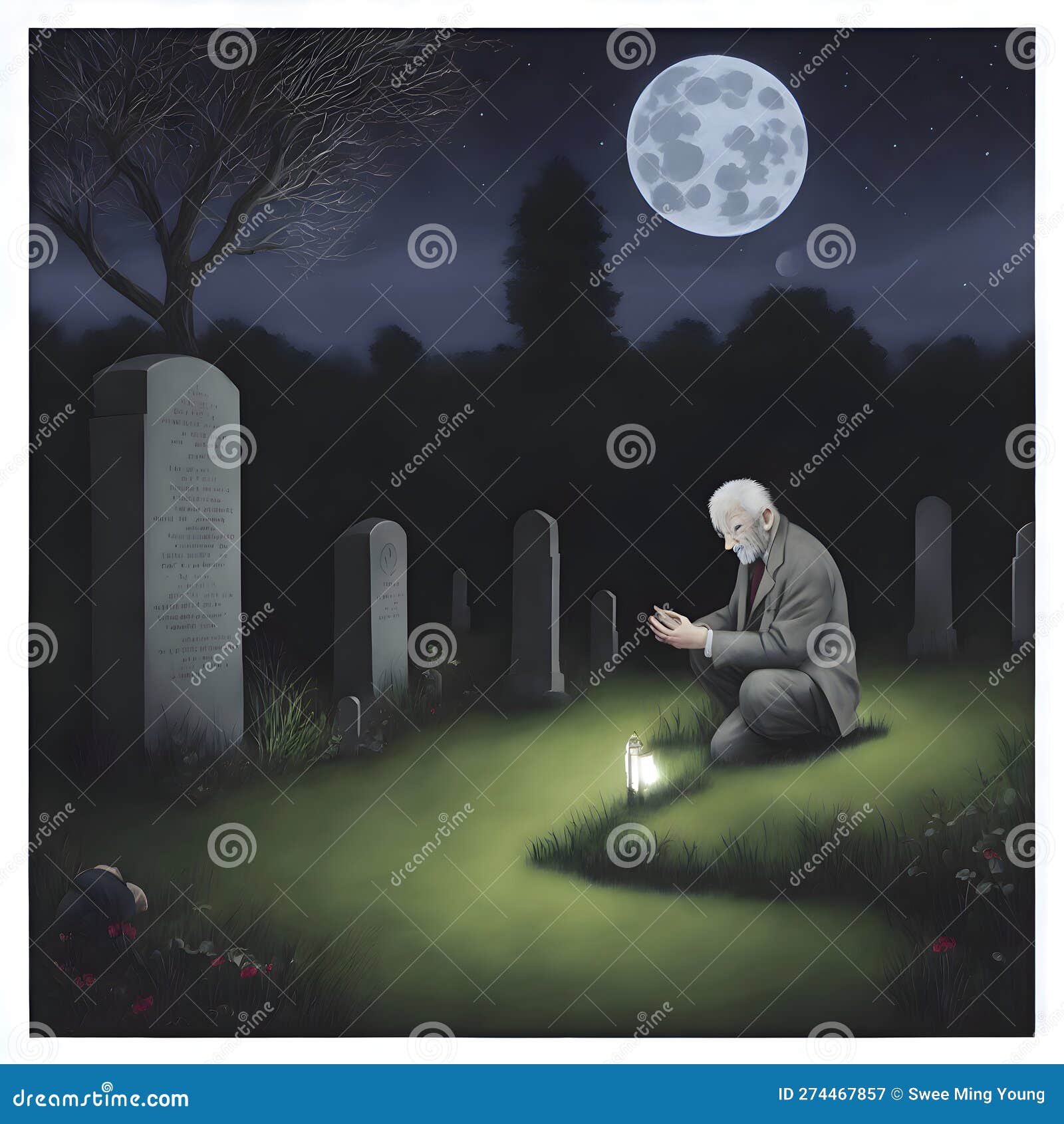 Image of Someone Kneeling by a Grave in an Overgrown Garden Mourning ...