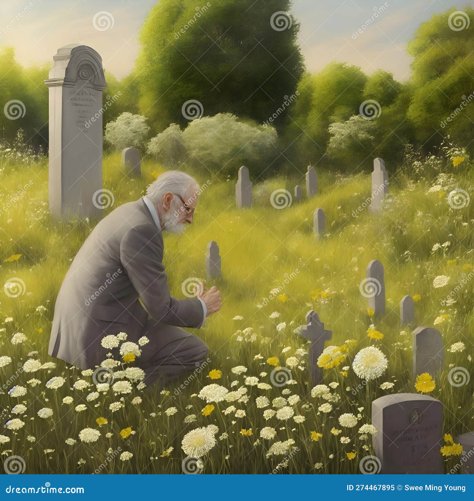 Image of Someone Kneeling by a Grave in an Overgrown Garden Mourning ...