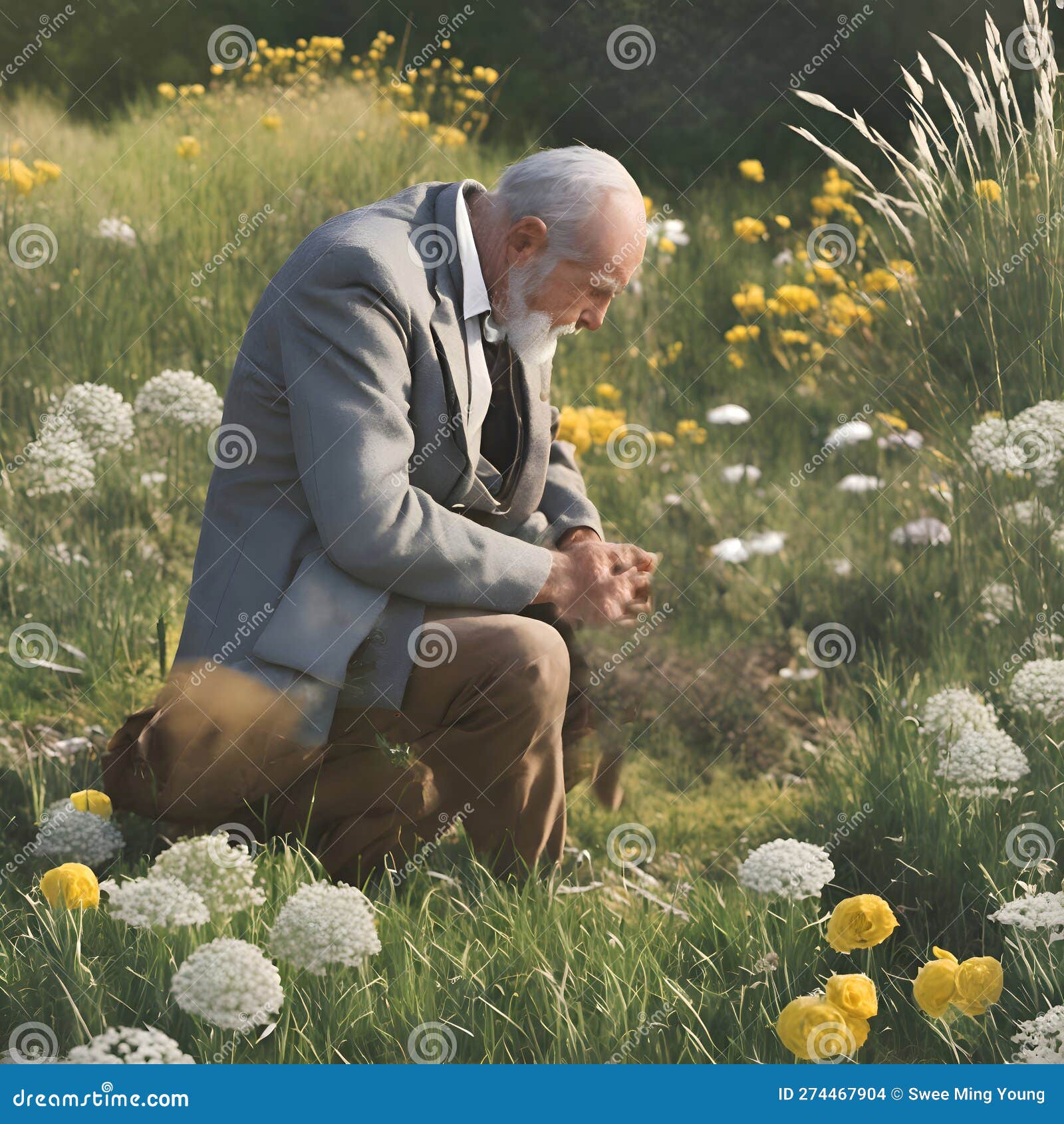 Image of Someone Kneeling by a Grave in an Overgrown Garden Mourning ...