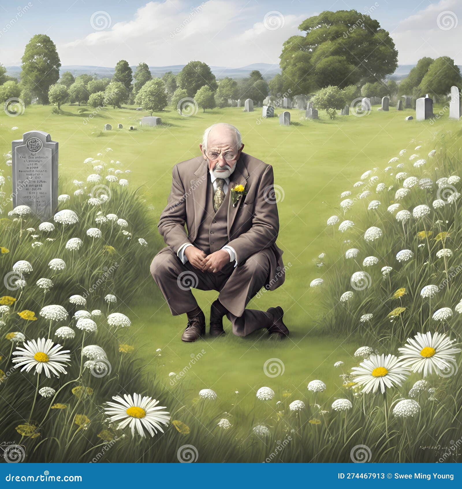 Image of Someone Kneeling by a Grave in an Overgrown Garden Mourning ...