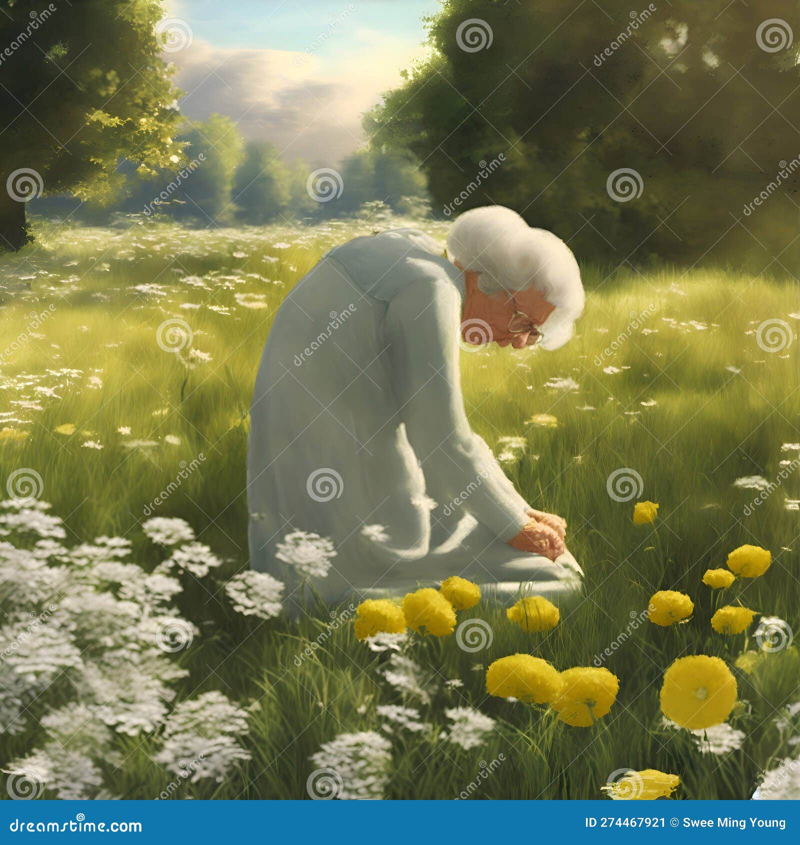 Image of Someone Kneeling by a Grave in an Overgrown Garden Mourning ...