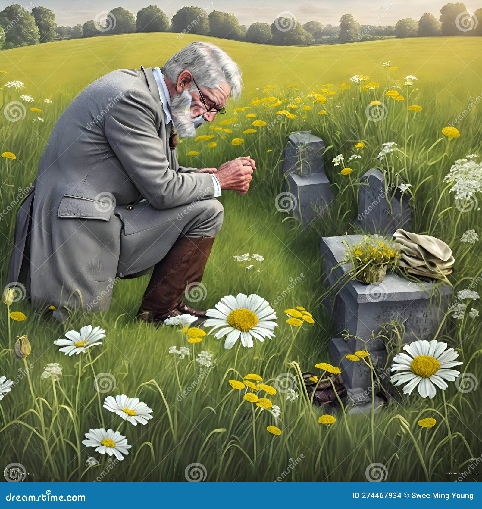 Image of Someone Kneeling by a Grave in an Overgrown Garden Mourning ...