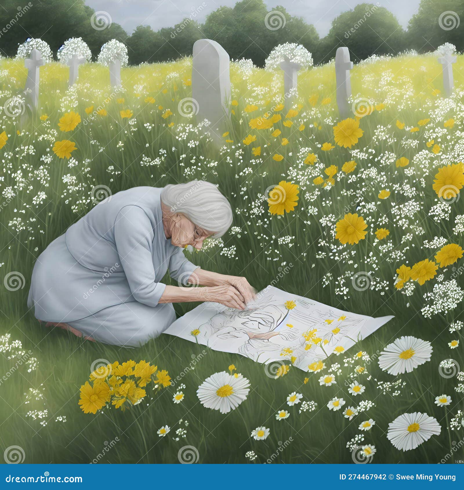 Image of Someone Kneeling by a Grave in an Overgrown Garden Mourning ...