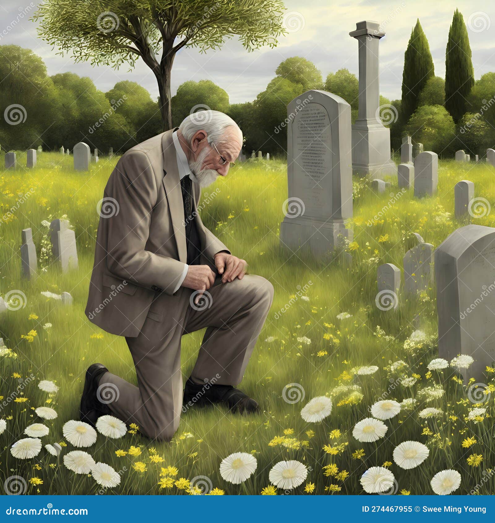 Image of Someone Kneeling by a Grave in an Overgrown Garden Mourning ...