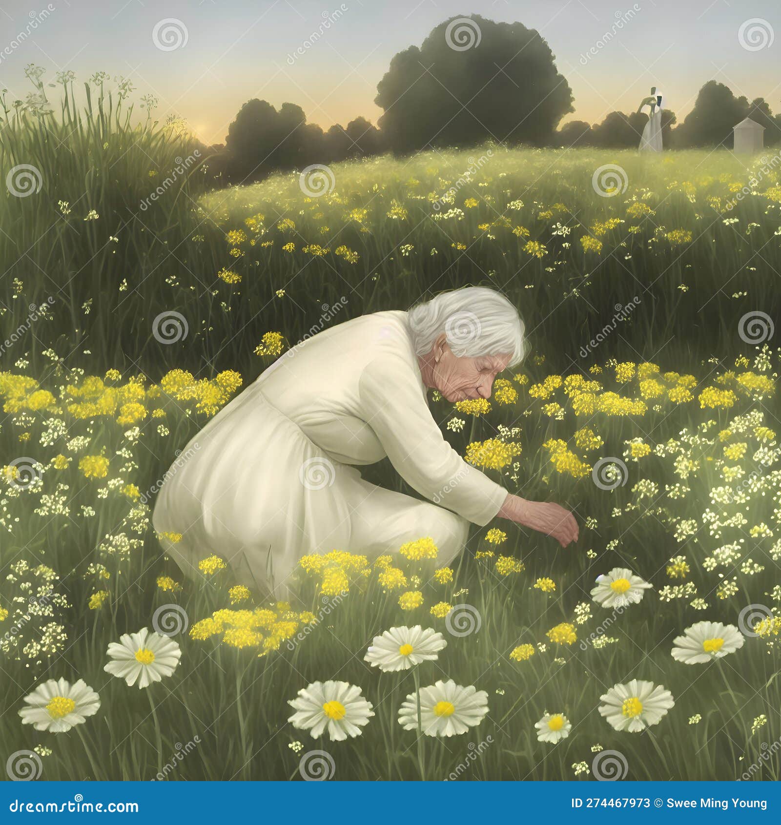 Image of Someone Kneeling by a Grave in an Overgrown Garden Mourning ...