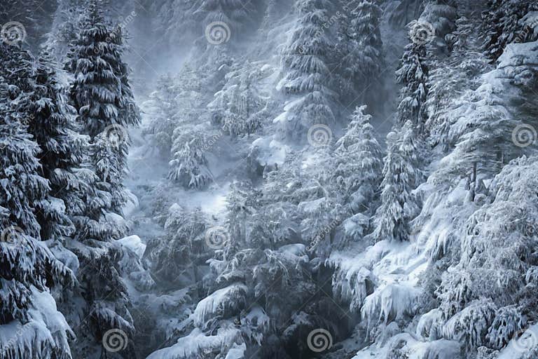 Image of the Beautiful Psychedelic Snowy Cliff Around the Forest ...