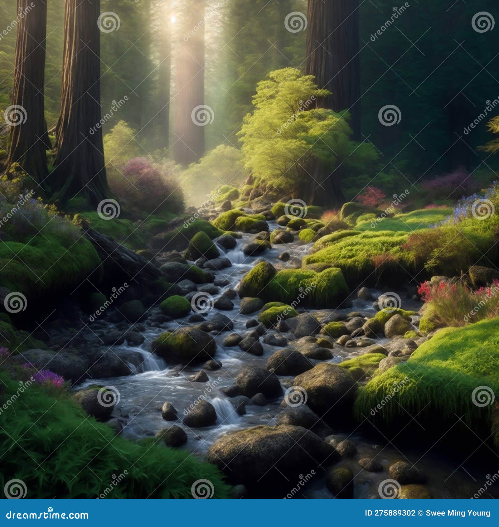 Image of Enchanted Forest Filled with Stream Flowing Over Mossy River ...