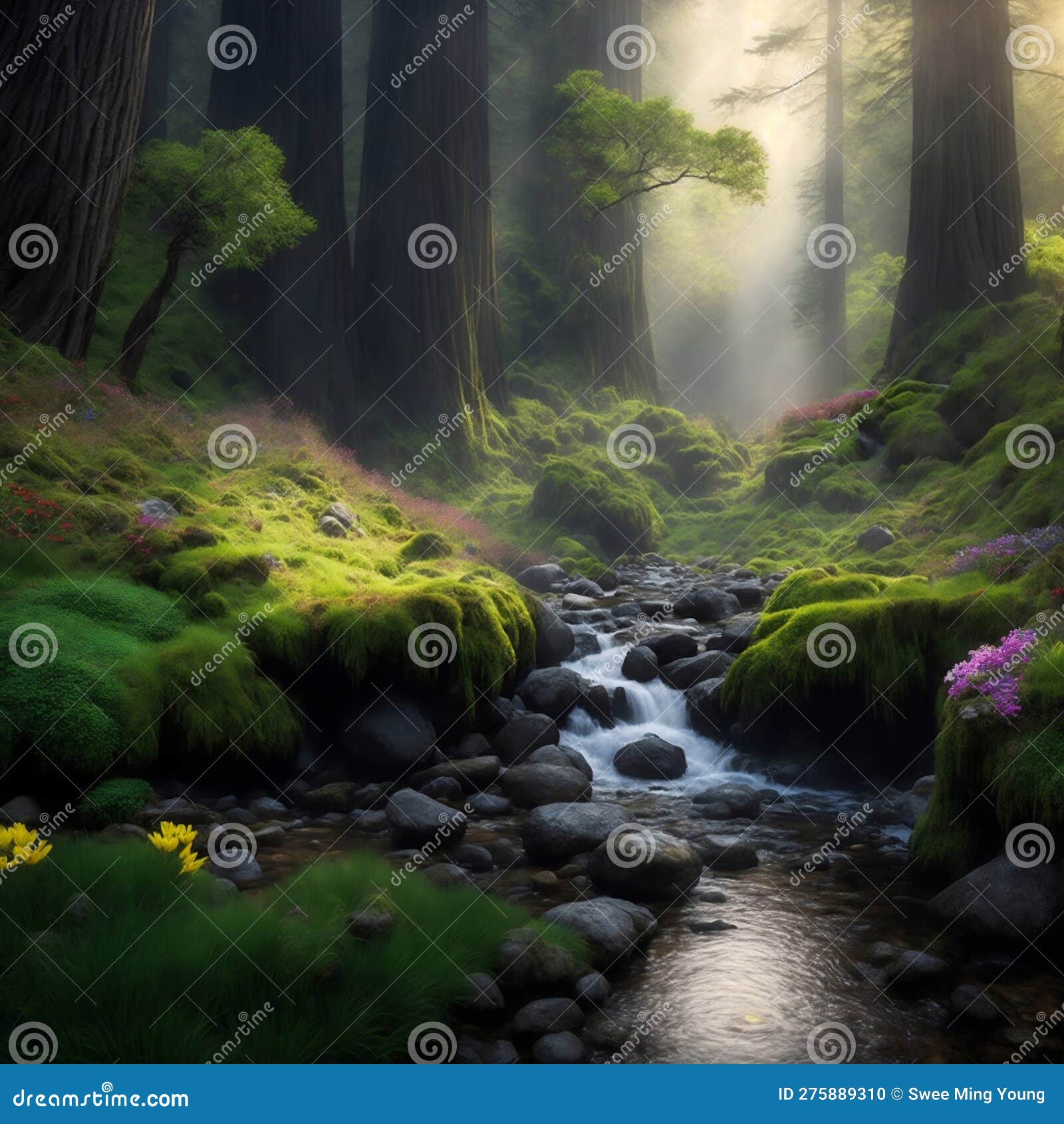 Image of Enchanted Forest Filled with Stream Flowing Over Mossy River ...