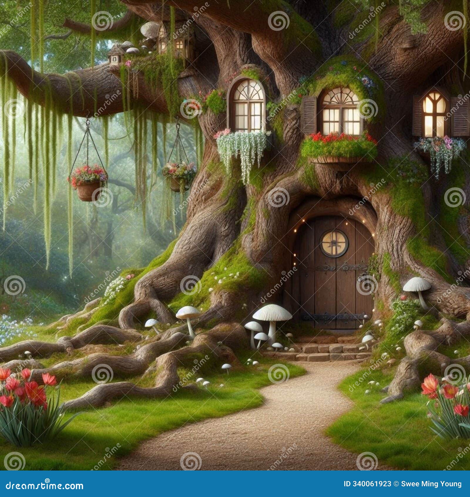 A Fantasy Large Oak Tree with Windows and a Door with a Dirt Path ...
