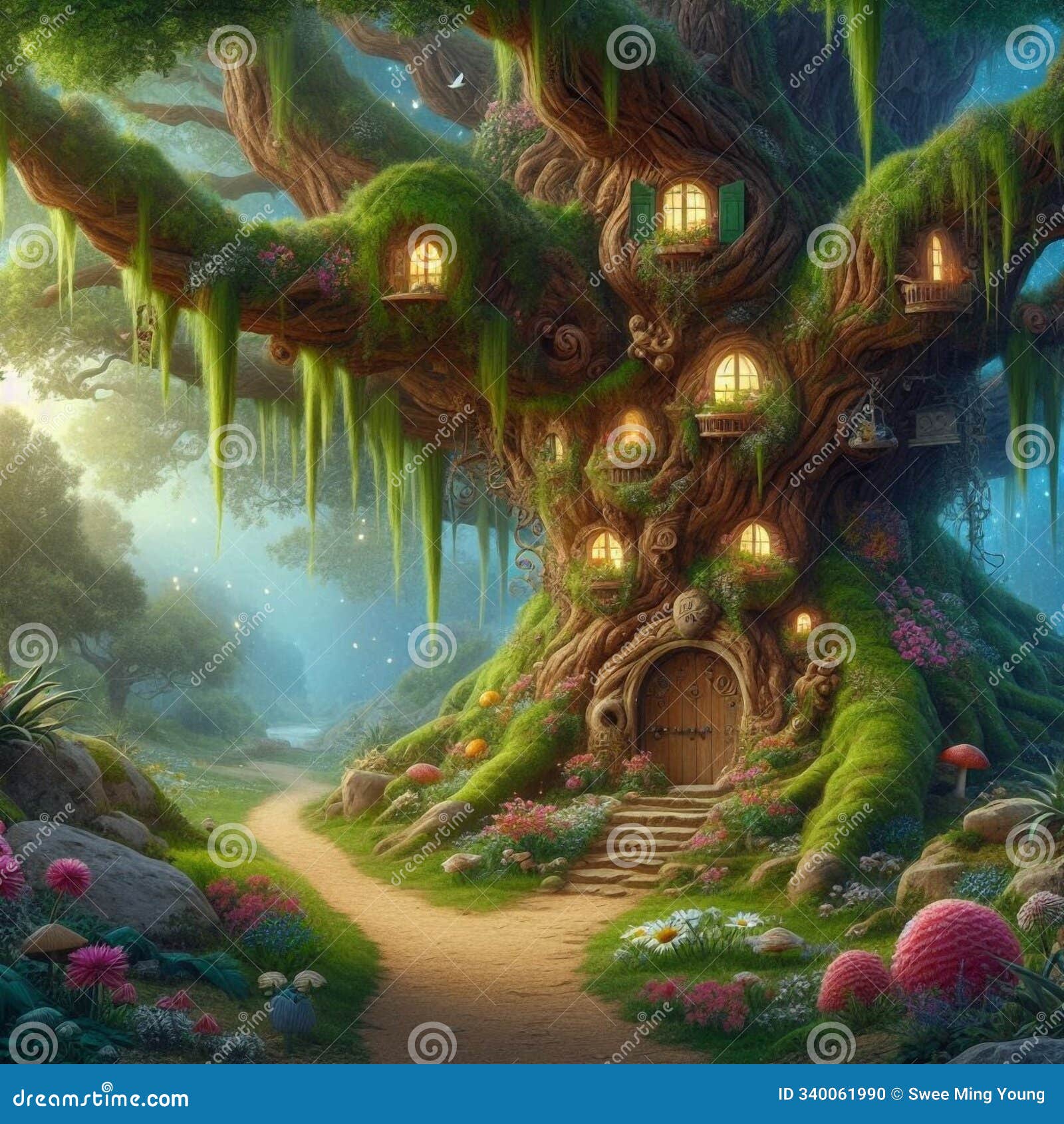 A Fantasy Large Oak Tree with Windows and a Door with a Dirt Path ...